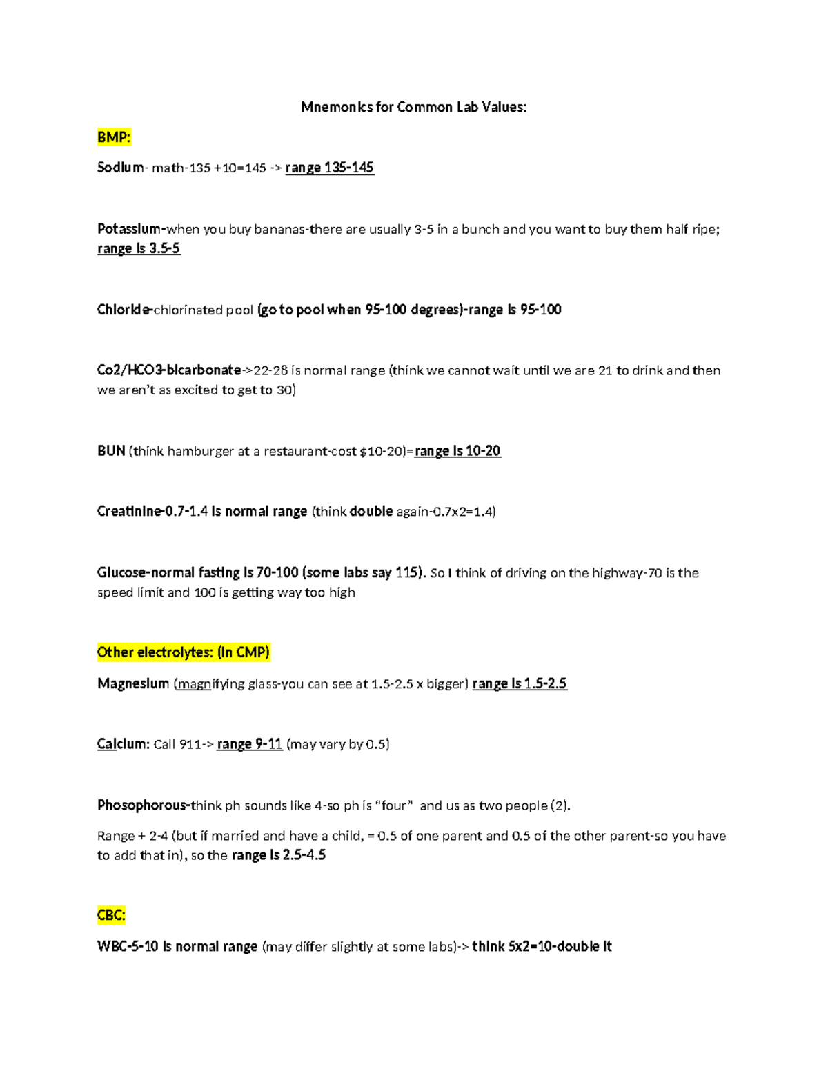 Mnemonics for Common Lab Values: BMP, CBC, & Anticoagulation Insights ...