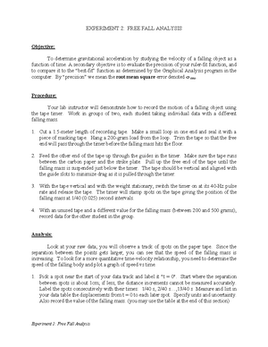 Sample 6 - FREE FALL LAB Report - Experiment P007: Acceleration due to ...