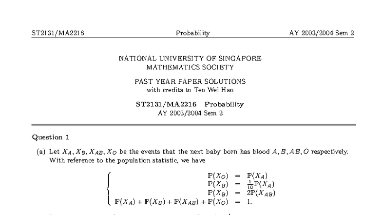MA2216 Probability AY Sem 2 Past Year Paper Solutions - Studocu