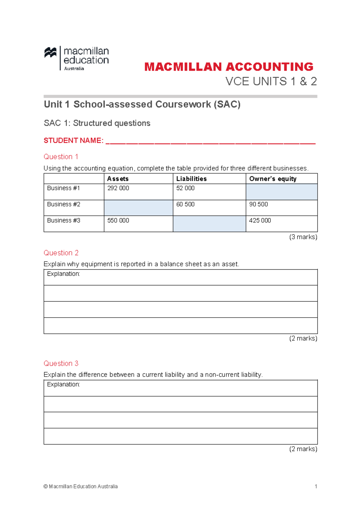MACMILLAN ACCOUNTING VCE UNITS 1 2 Unit 1 Coursework (SAC) - Studocu