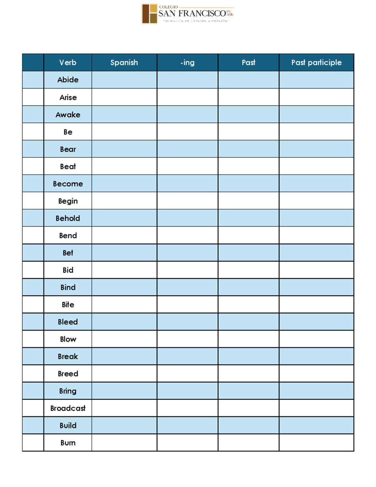 Irregular Verbs 2024 - Verb Spanish - ing Past Past participle Abide ...