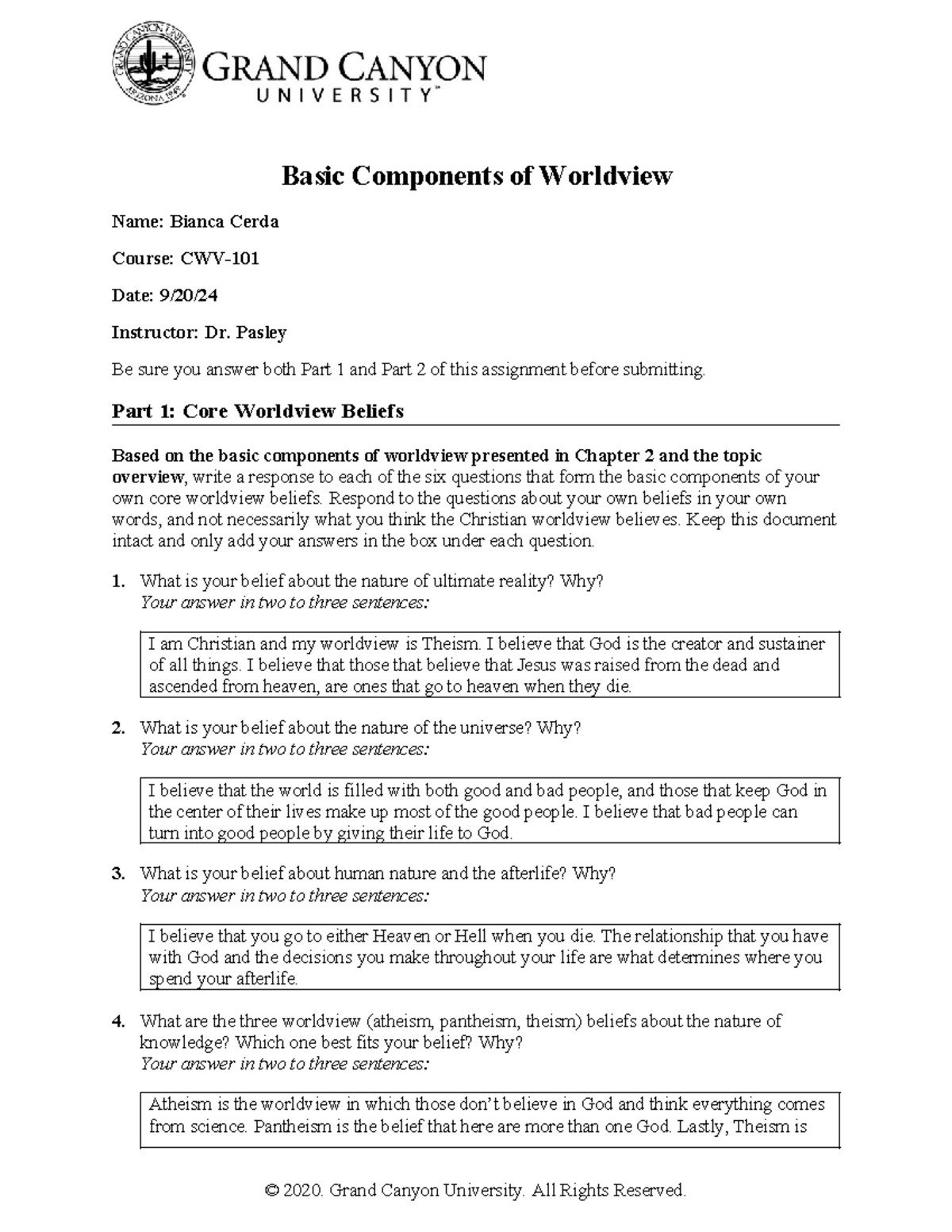 CWV- Basic Components of Personal Worldview Reflection Essay - Studocu