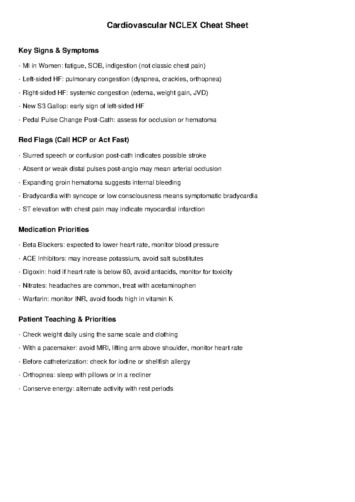 Cardiovascular NCLEX Cheat Sheet: Key Signs & Symptoms for MI in Women ...