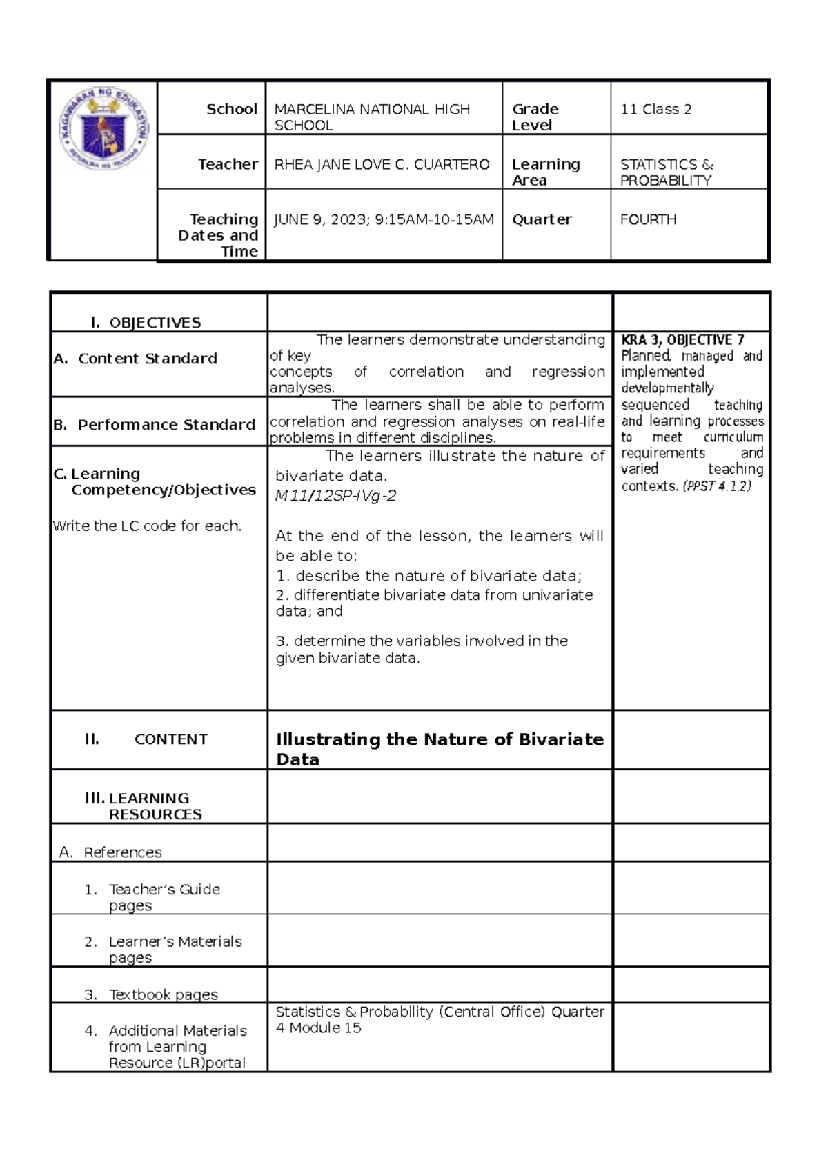 CO2 DLL LP 2023 - Bivariate Data Lesson Plan for Statistics ...