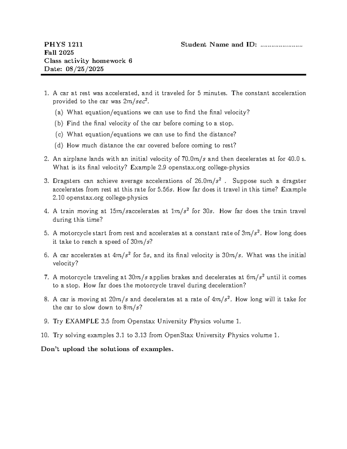 PHYS 1211 Fall 2025 Homework 6: Class Activity Solutions - Studocu