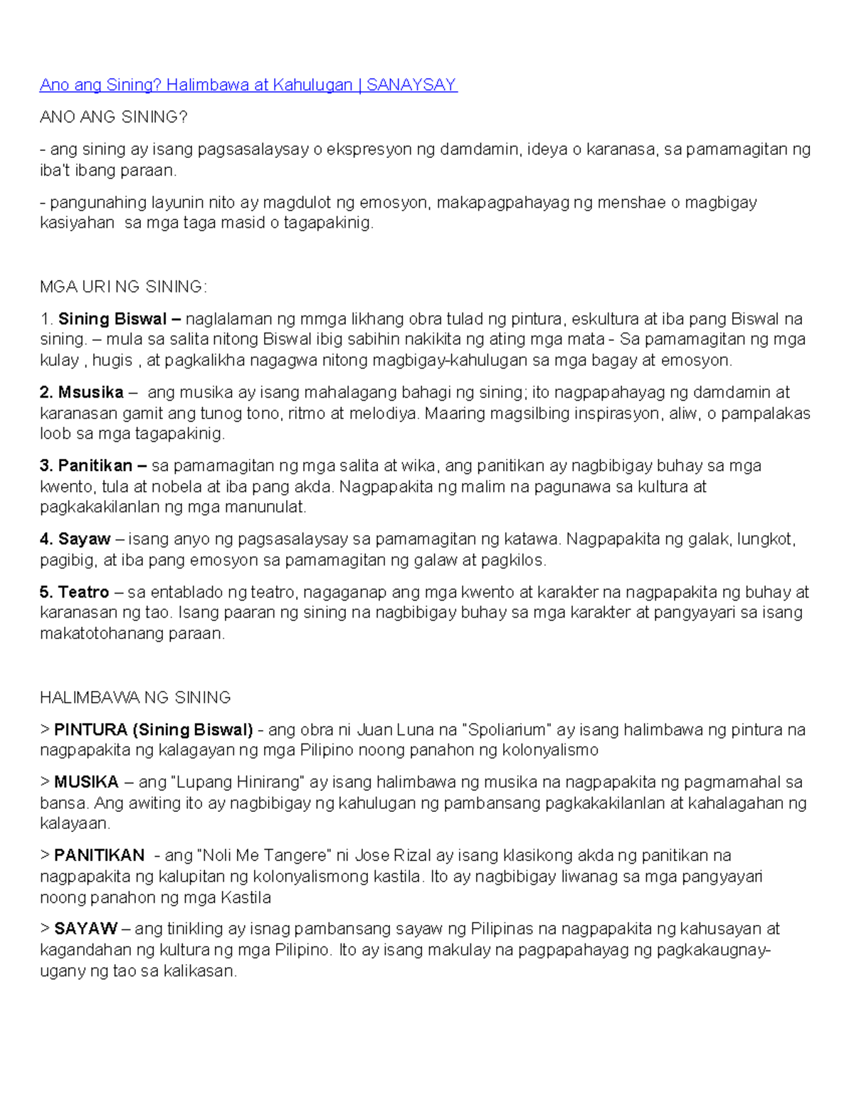 Sining at Panitikan: Kahalagahan sa Kultura at Lipunan - Studocu
