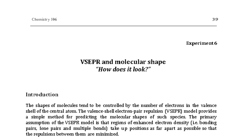 Chemistry 106 Lab 6: VSEPR Theory and Molecular Shapes Analysis - Studocu