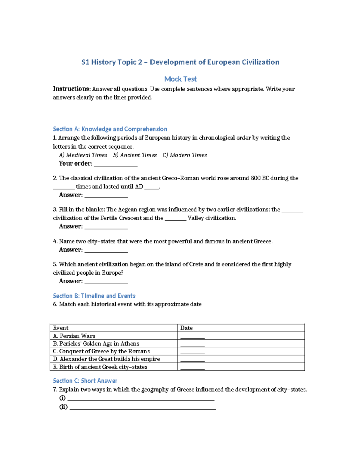 S1 History Topic 2: Development of European Civilization Mock Test ...
