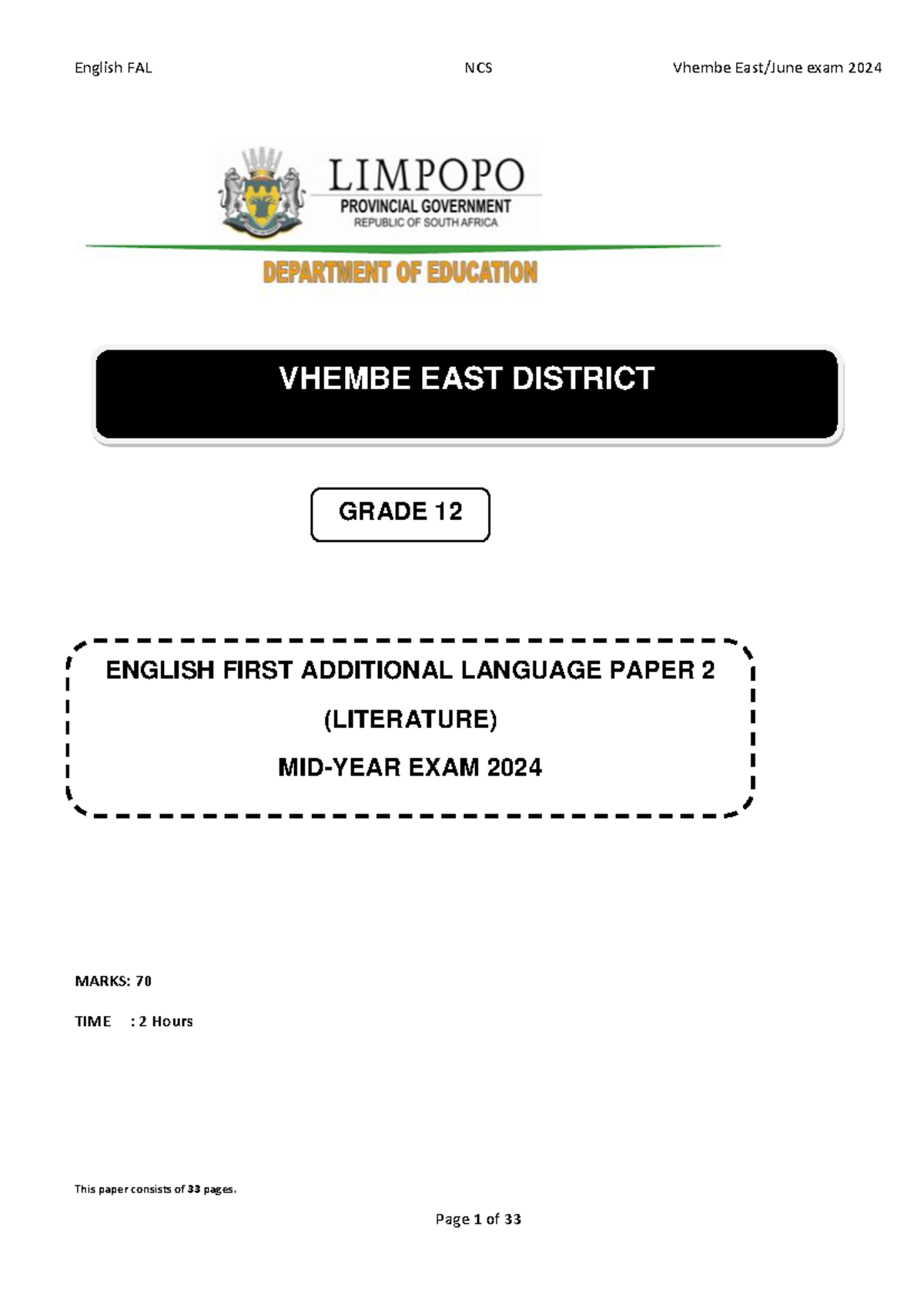 English FAL P2 Grade 12 MID-YEAR EXAM 2024 Question Paper PDF - Studocu