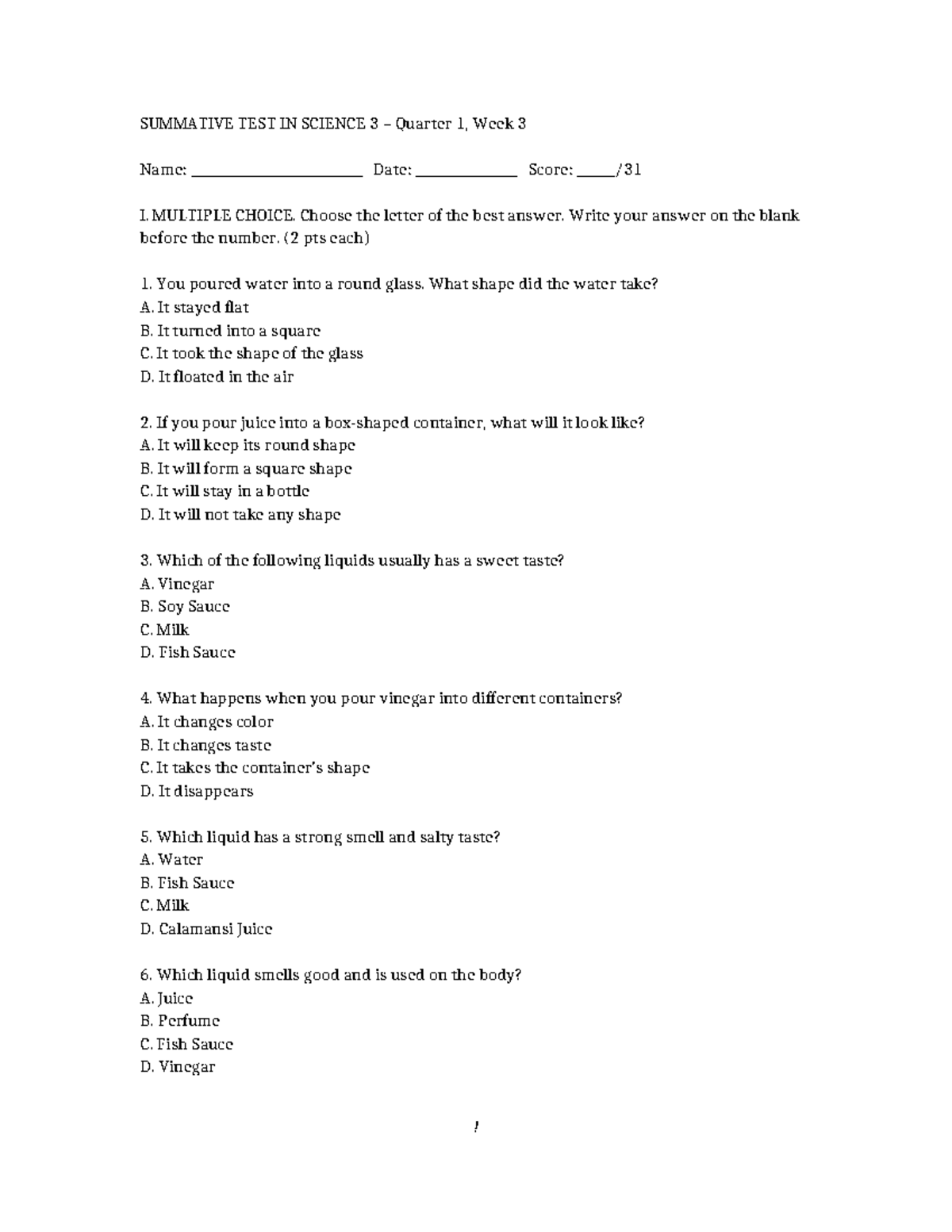 SUMMATIVE TEST SCIENCE 3 Q1 WEEK 3 - Studocu