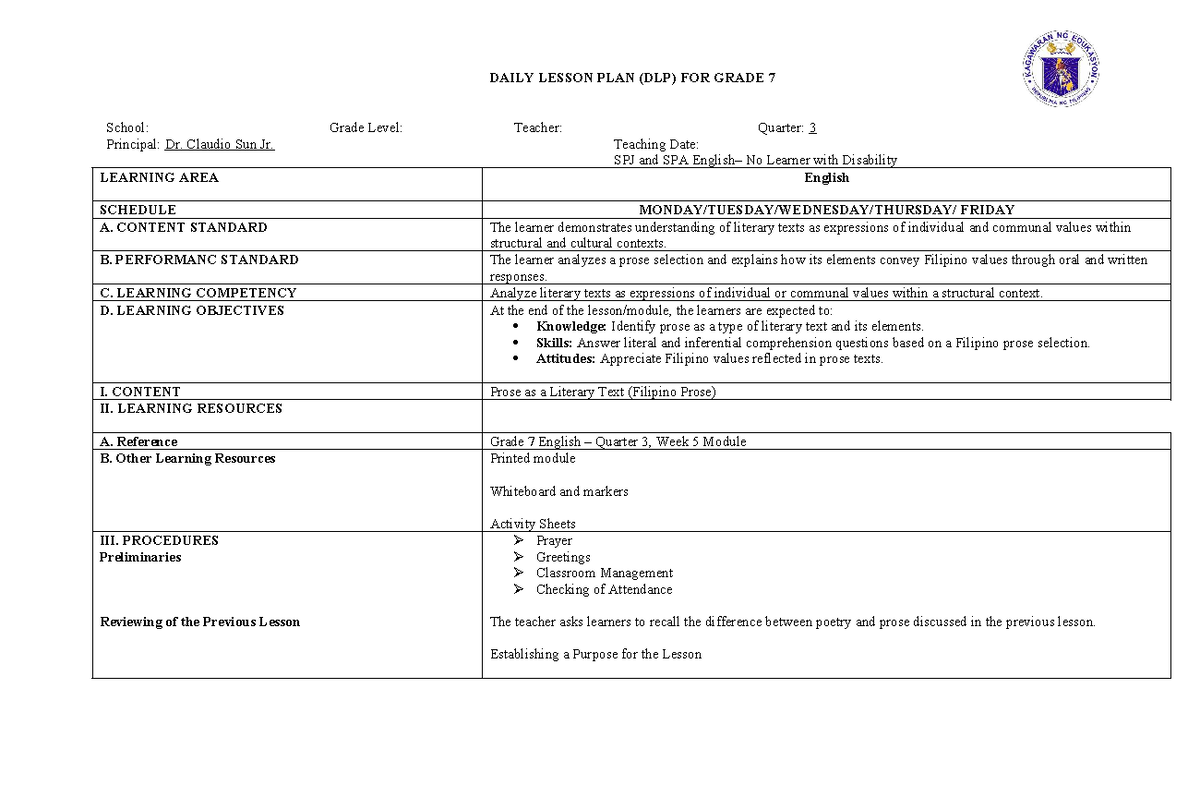 DAILY LESSON PLAN (DLP) FOR GRADE 7 ENGLISH - QUARTER 3 - Studocu
