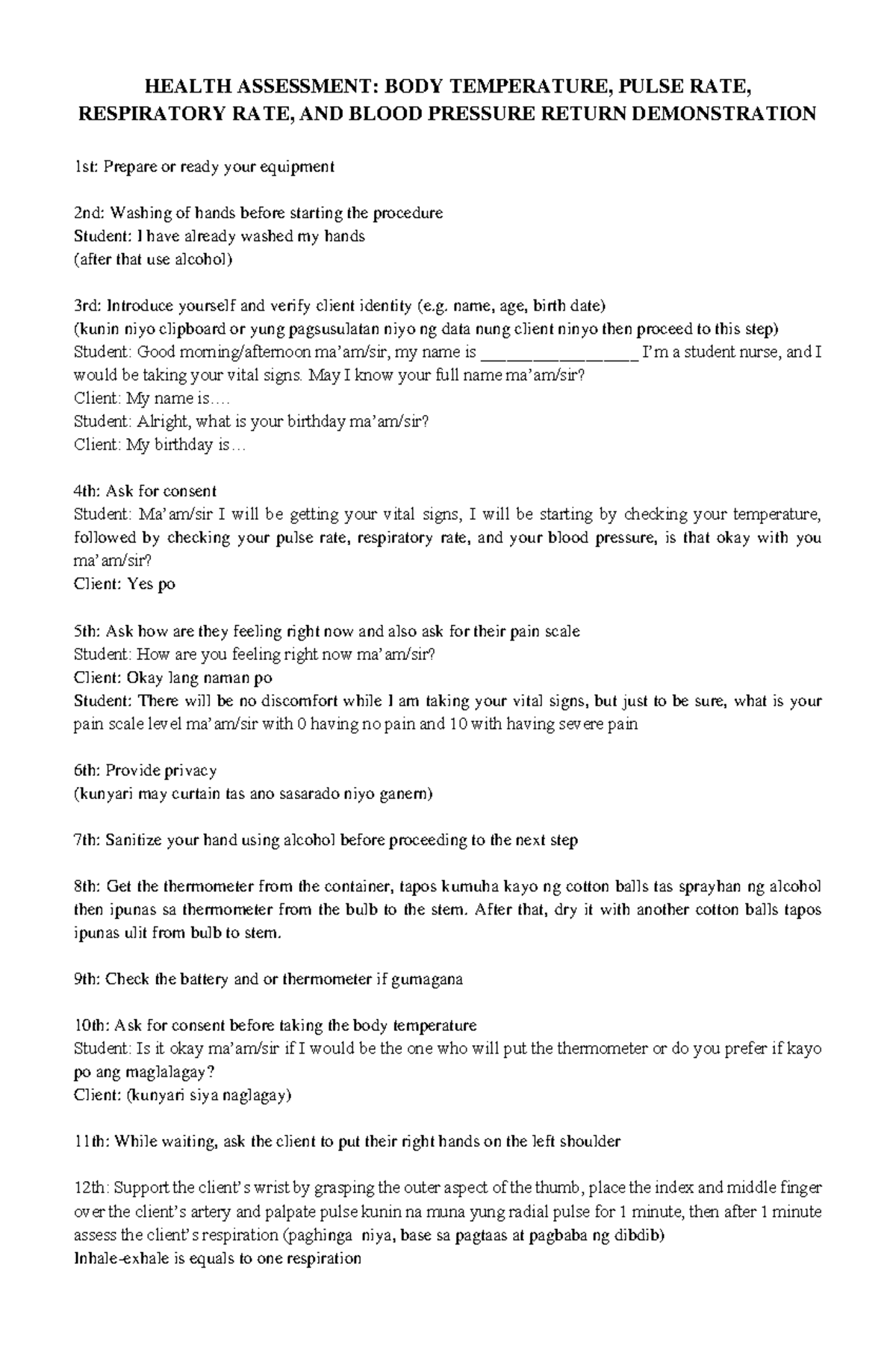 HEALTH ASSESSMENT: Vital Signs Procedure Guide (HAHA-Retdem) - Studocu