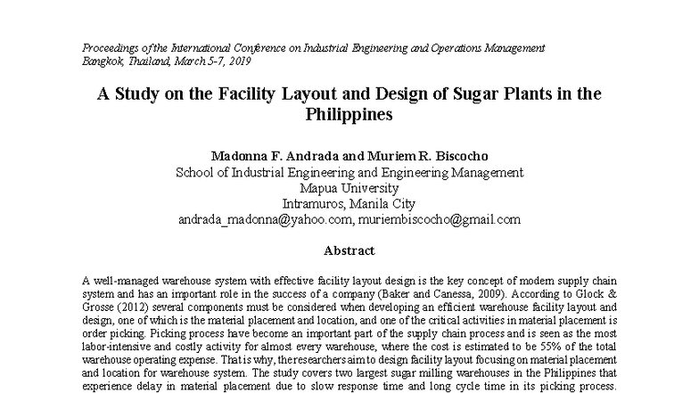 IEOM 2019: Facility Layout Design for Sugar Plant Warehouses in the ...