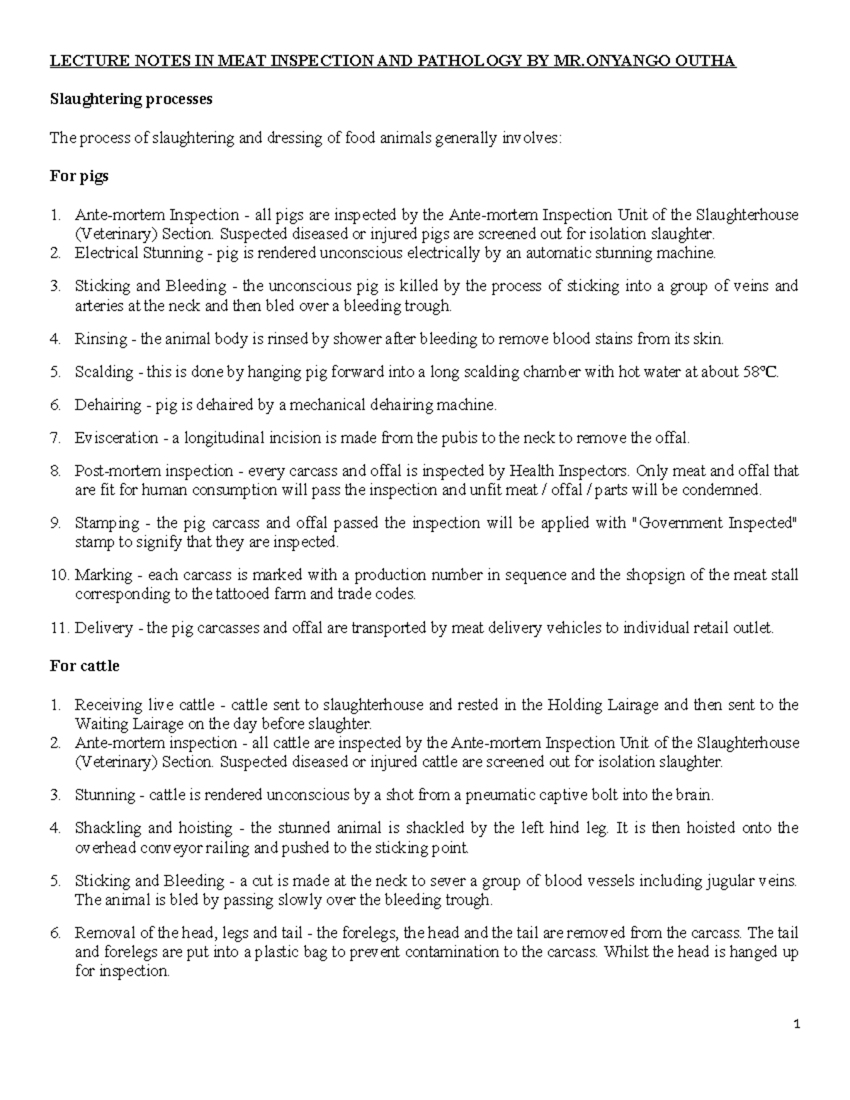 Lecture Notes on Meat Inspection and Pathology (MEAT 101) - Studocu