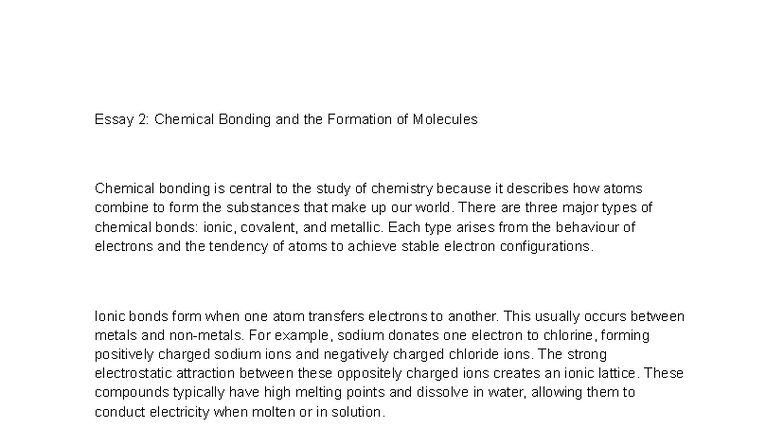 Essay 2: Chemical Bonding & Molecular Formation Insights - Studocu