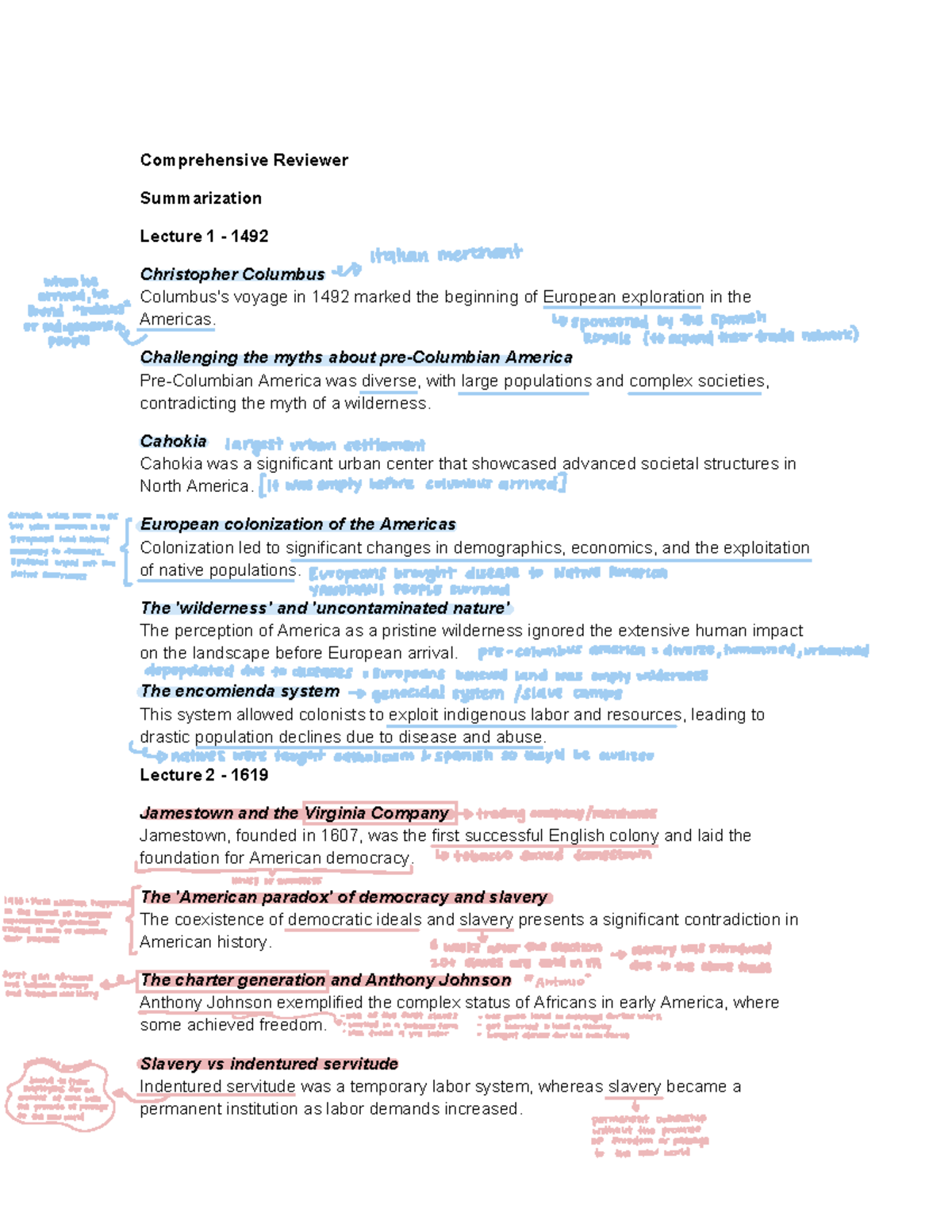 Comprehensive Review: Key Themes from US History Lectures (HIST 101 ...