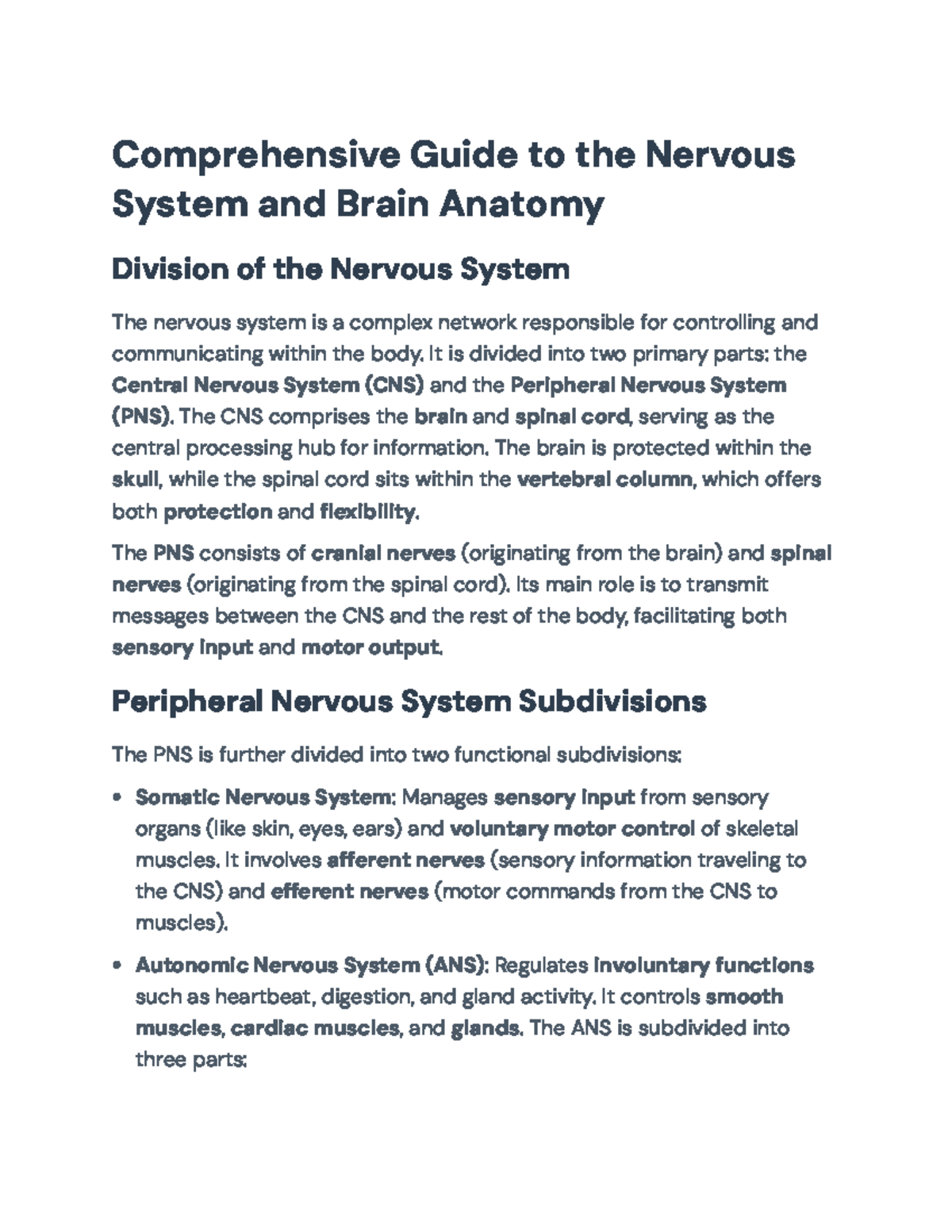 Comprehensive Overview of CNS & PNS Anatomy and Functions - Studocu