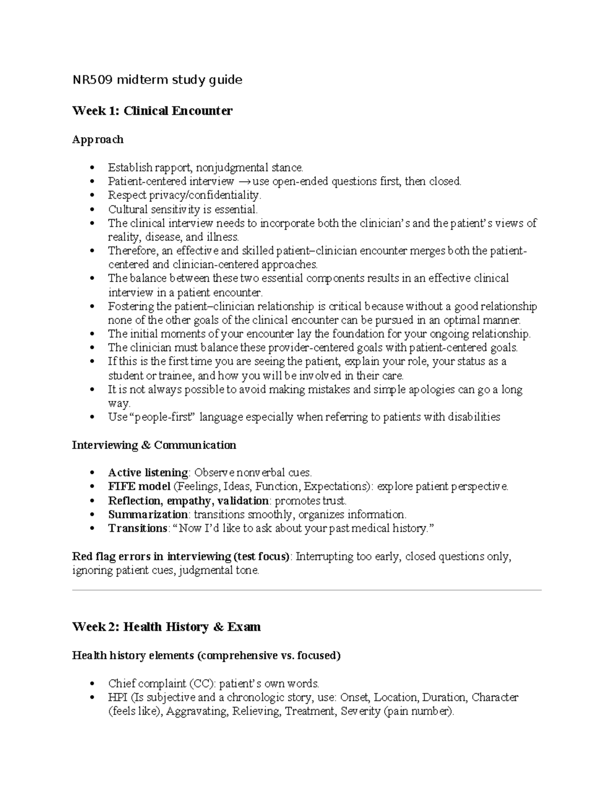 NR509 Midterm Study Guide: Clinical Interview & Health History Essentials - Studocu