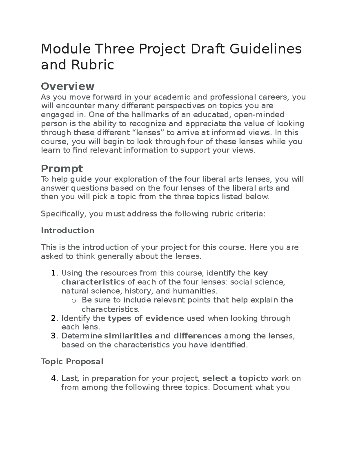 Liberal Arts Lens Project Draft Guidelines for Module 3 - Studocu