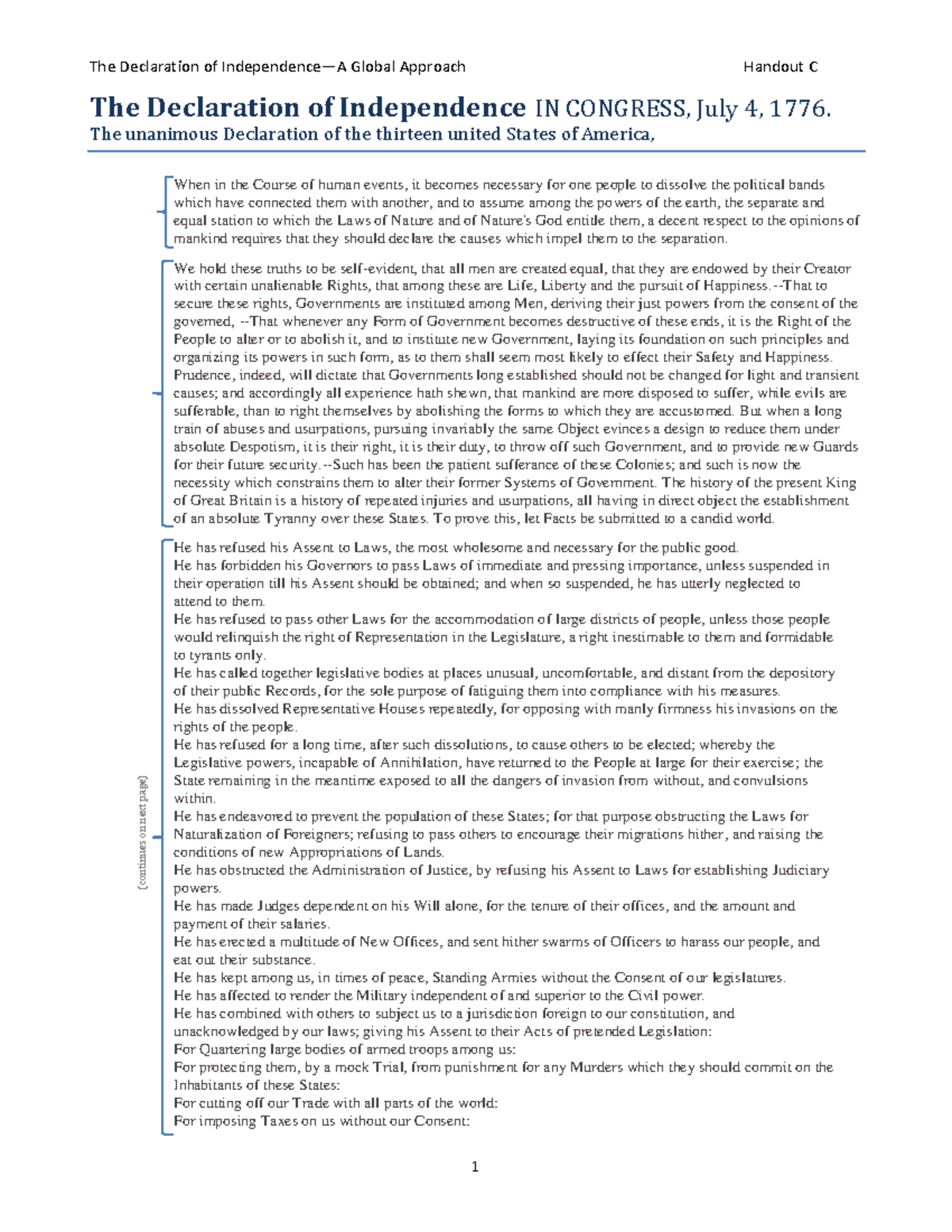 Declaration and activity new - The Declaration of Independence IN ...