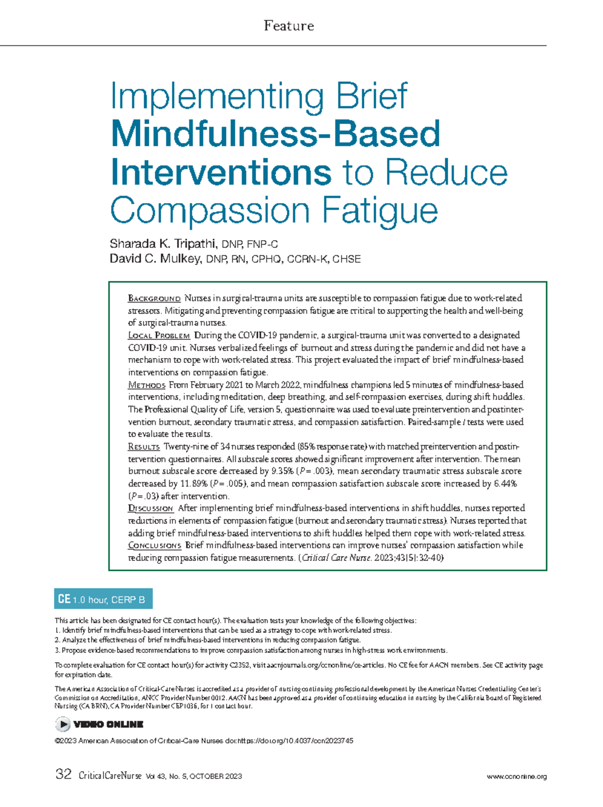 Implementing Mindfulness Interventions to Alleviate Compassion Fatigue ...