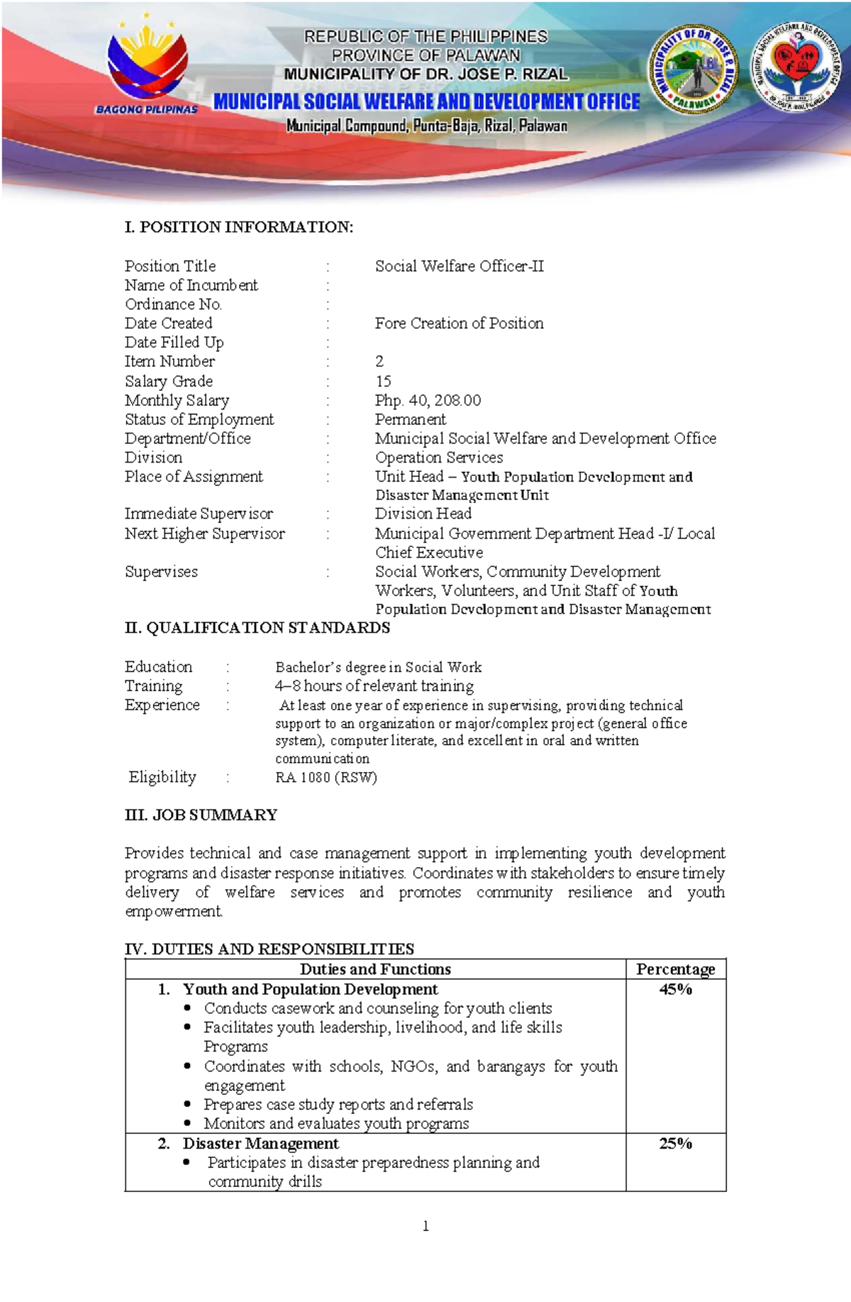 Unit Head Job Description: Youth Population Dev. & Disaster Mgmt. - Studocu