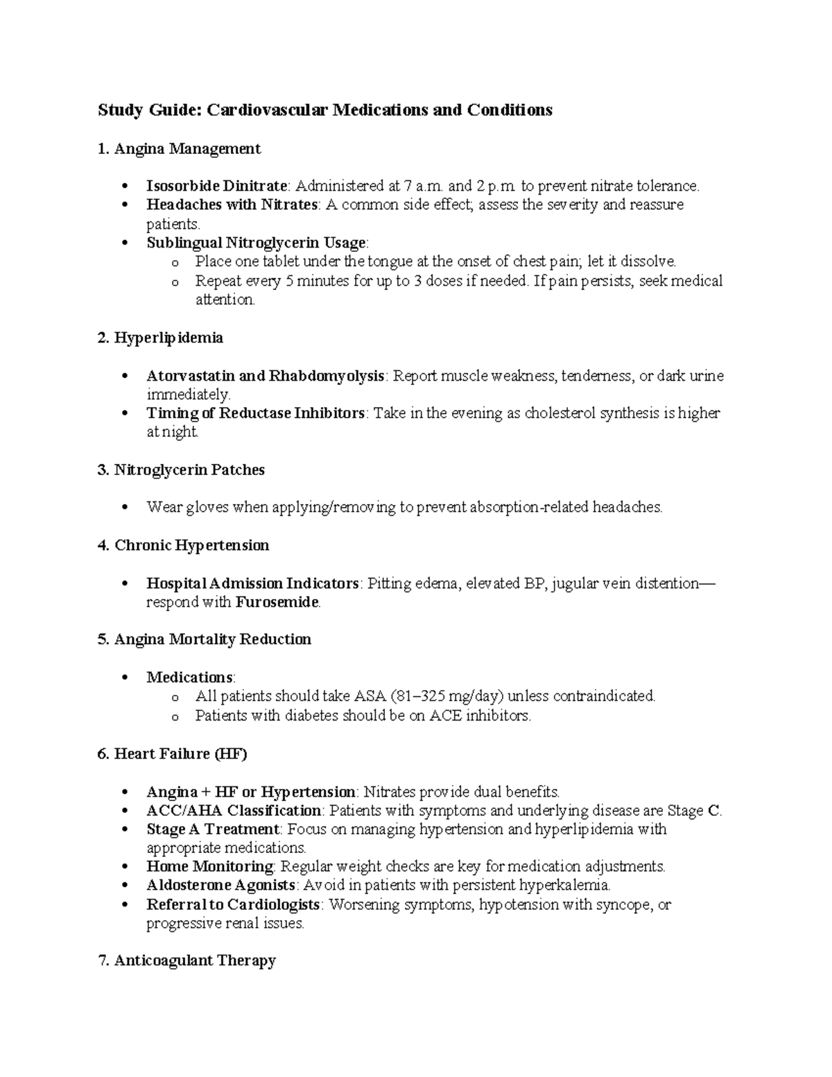 Study Guide: Cardiovascular Medications & Conditions (Week 6) - Studocu