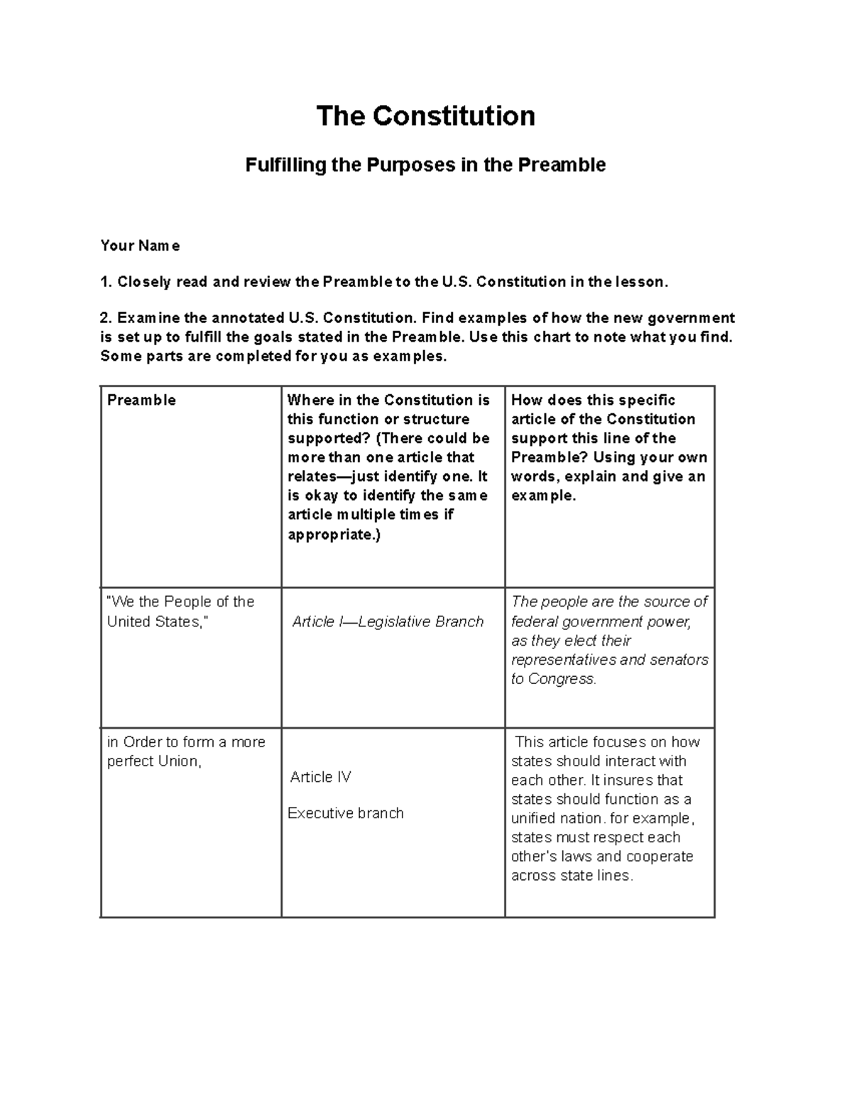 US GOV 1.05: Analyzing the Preamble of the Constitution - Studocu