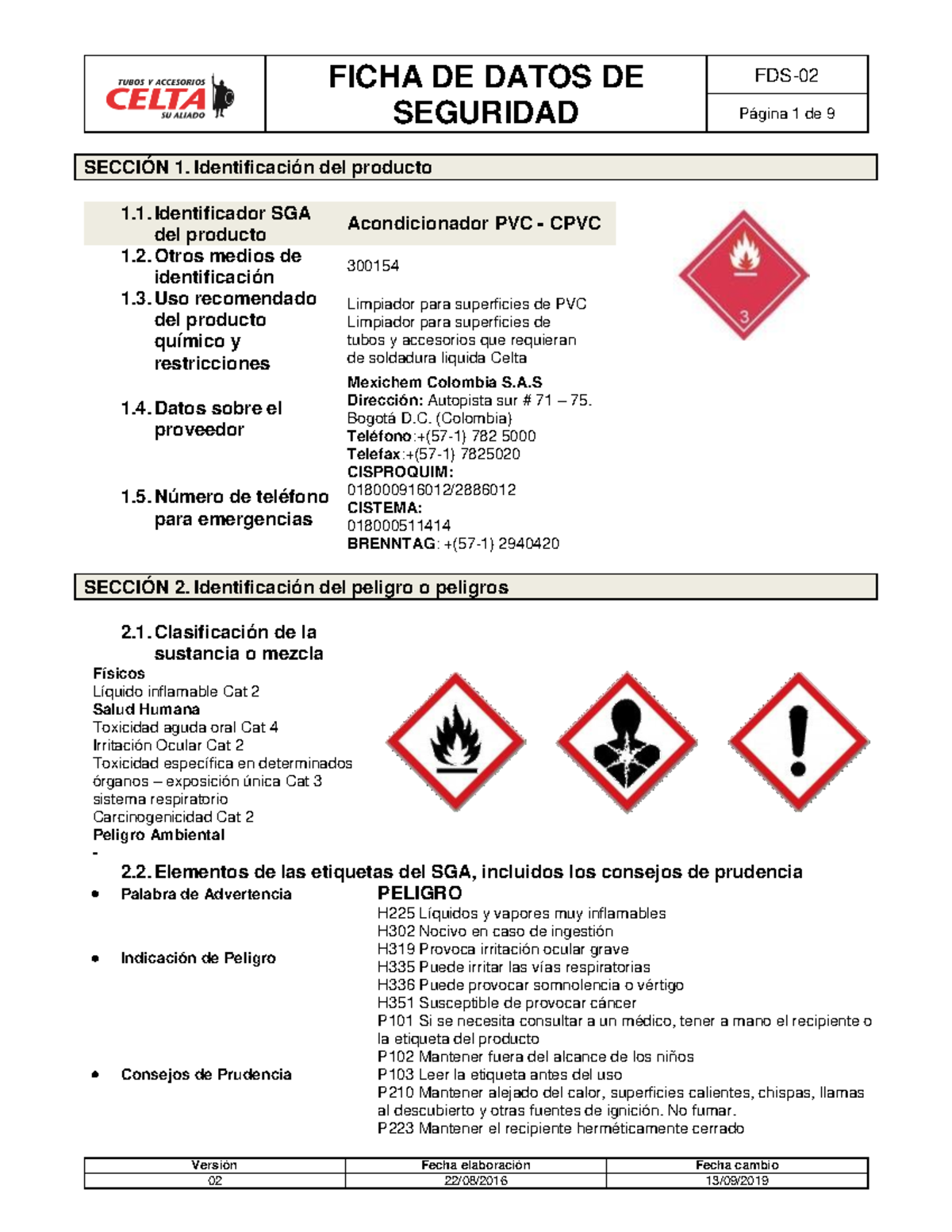 FDS Acondicionador para PVC - FICHA DE DATOS DE SEGURIDAD FDS- 02 Página 1 de 9 Versión Fecha ...