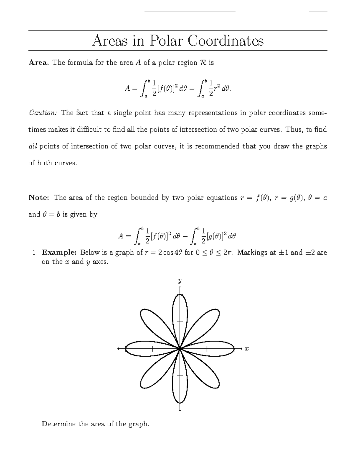 Math 1132 Worksheet 10.4: Areas in Polar Coordinates Discussion - Studocu