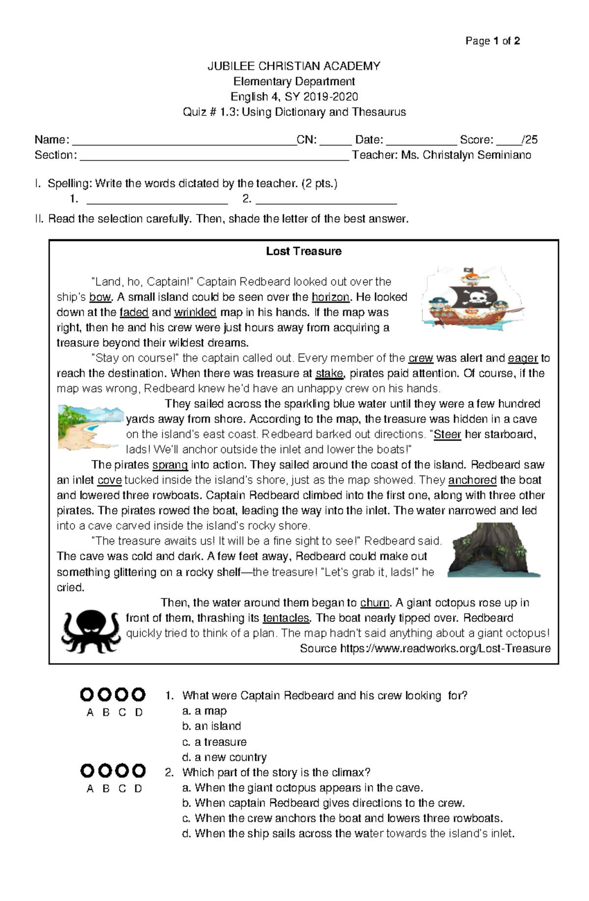 English 4 SY Quiz 1.3: Dictionary & Thesaurus Skills - Studocu