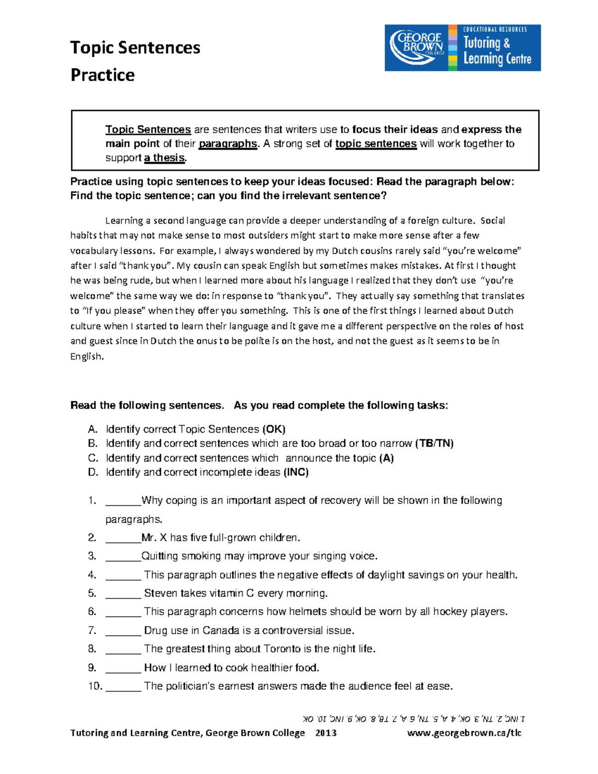 Topic Sentences Practice - Techniques for Effective Writing - Studocu