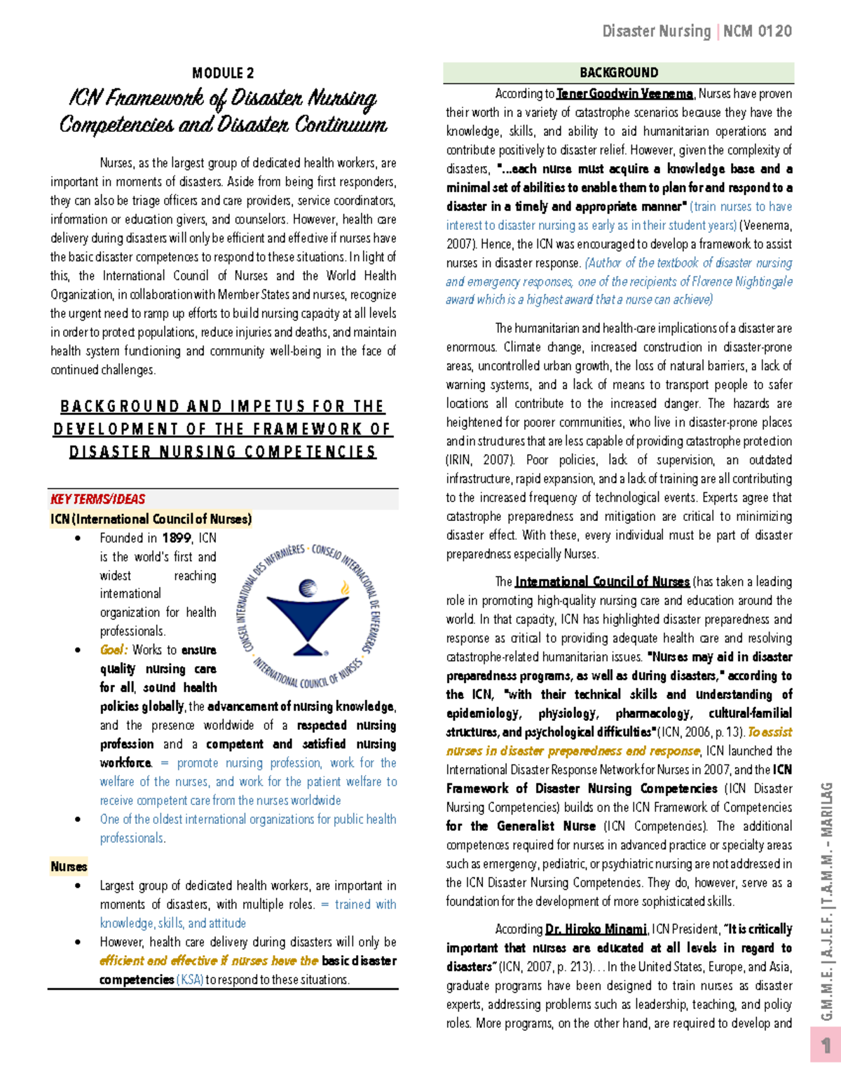 Module 2 - ICN Disaster Nursing Competencies & Continuum Framework ...