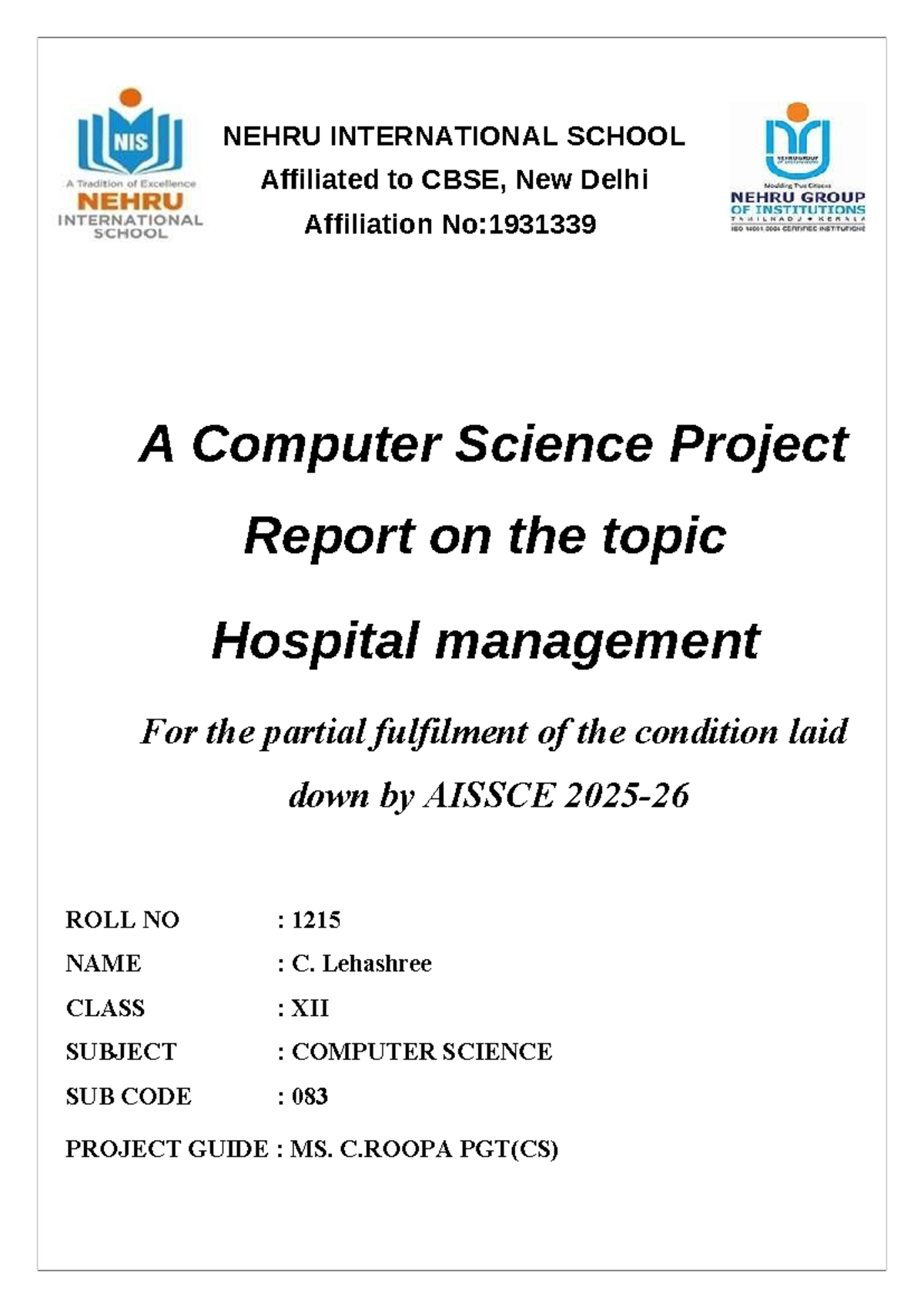Hospital Management System Project Report - Class XII (CS) - Studocu