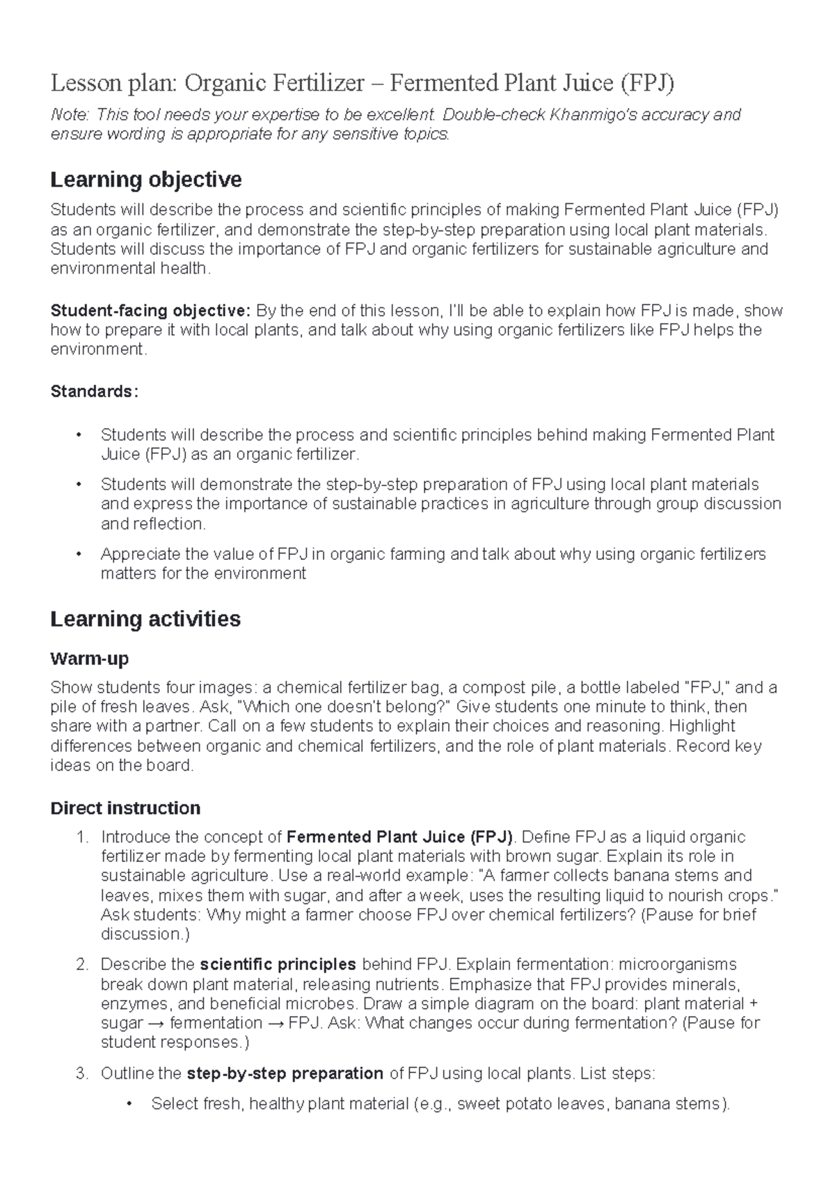 Lesson Plan: Organic Fertilizer - Fermented Plant Juice (FPJ) - Studocu