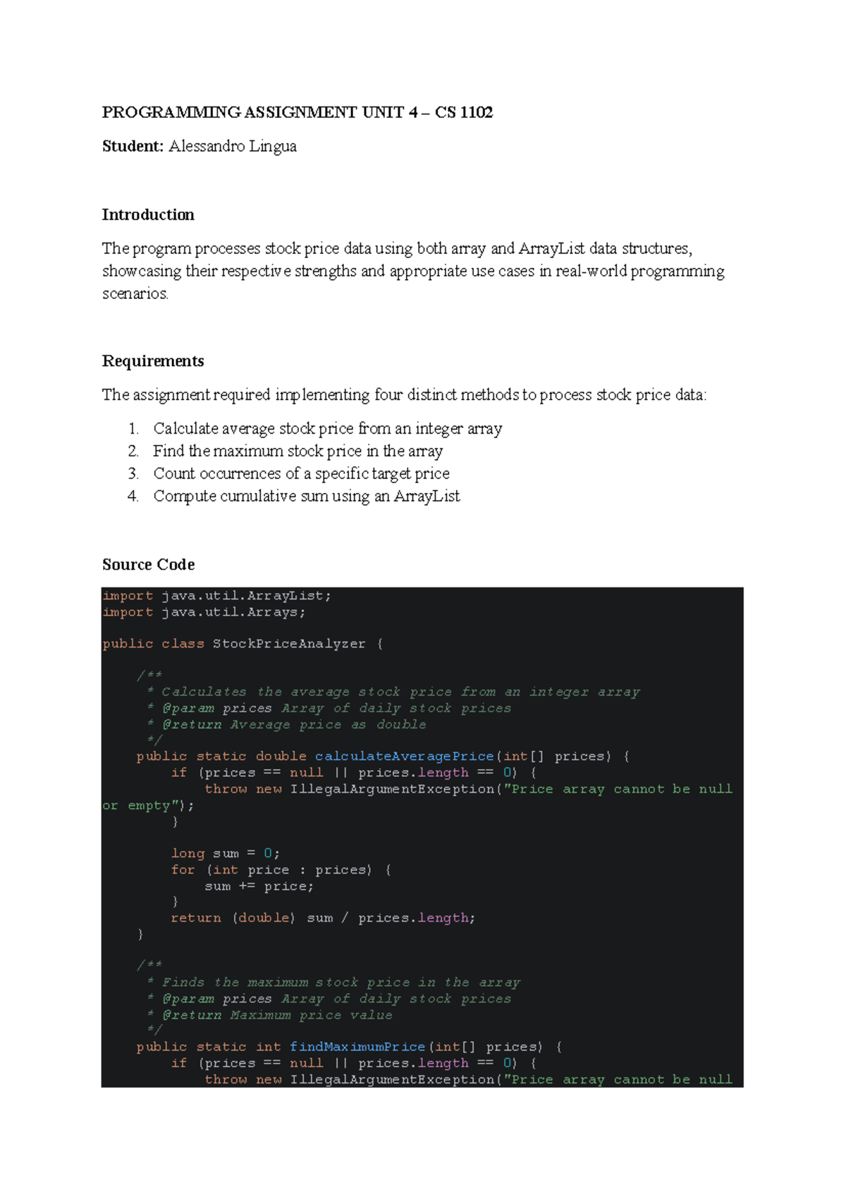 Programming Assignment Unit 4 - CS 1102: Stock Price Analysis - Studocu