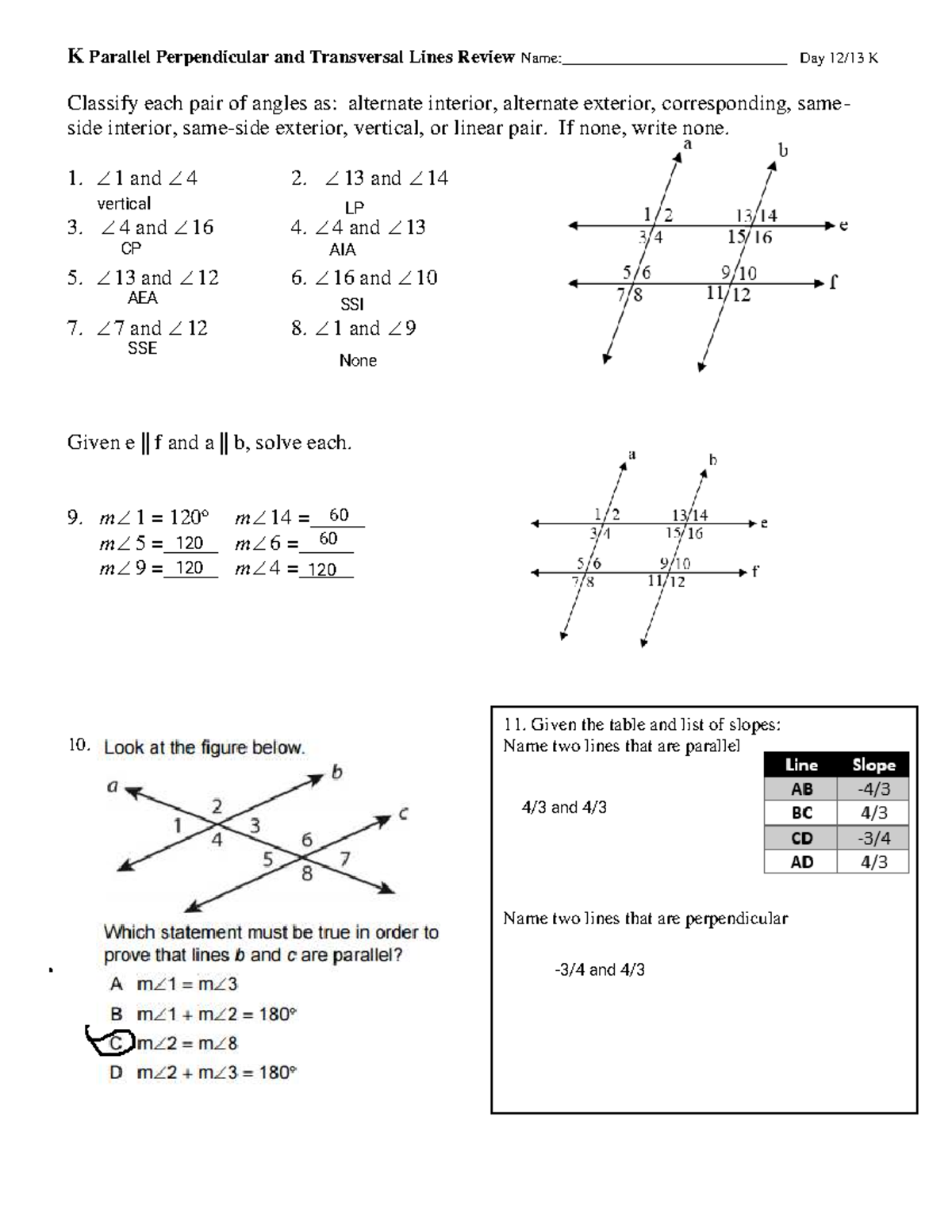 K Unit 3 Review: Parallel, Perpendicular & Transversal Lines - Studocu