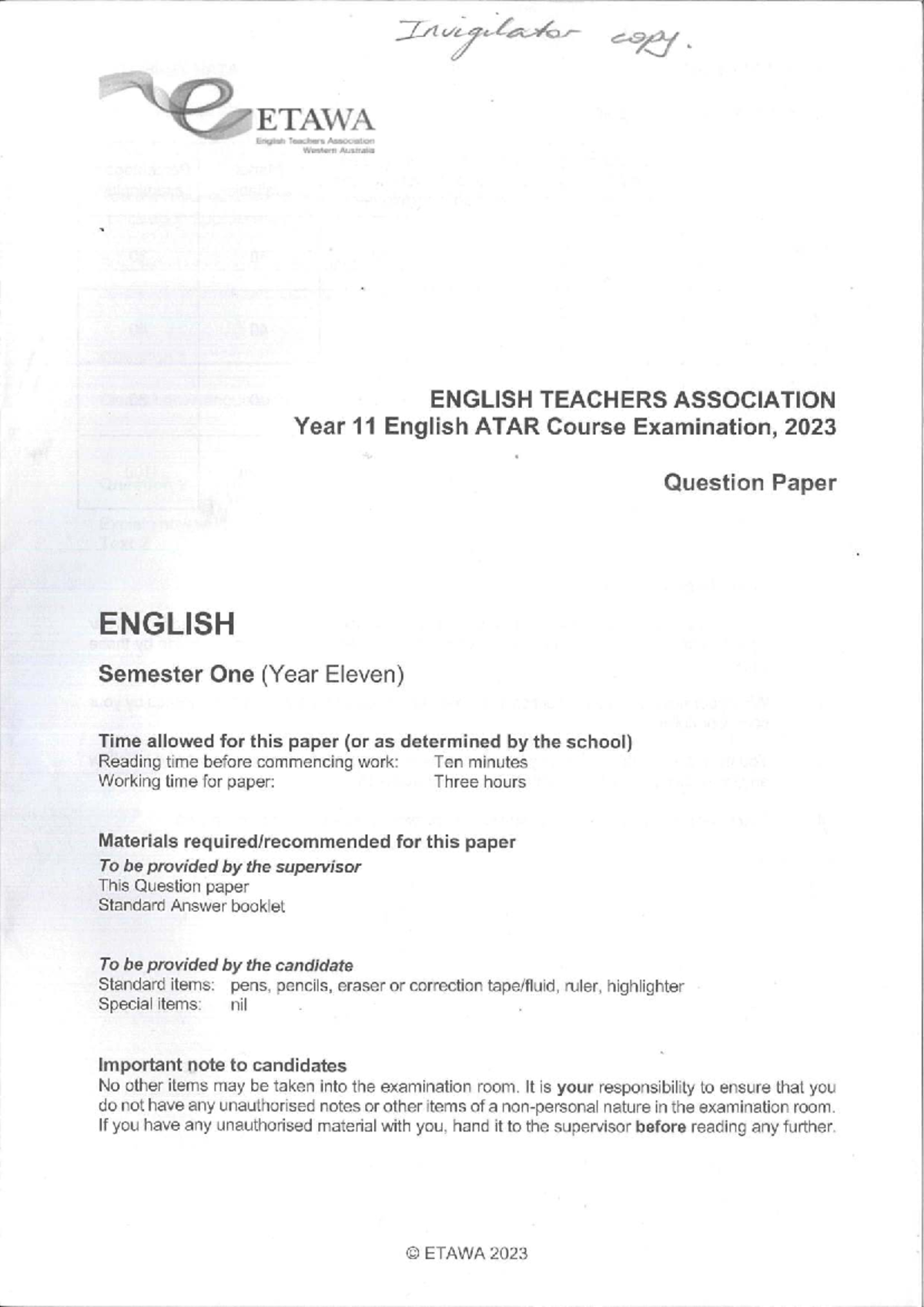 Year 11 English ATAR Exam 2023: Question Paper & Guidelines - Studocu
