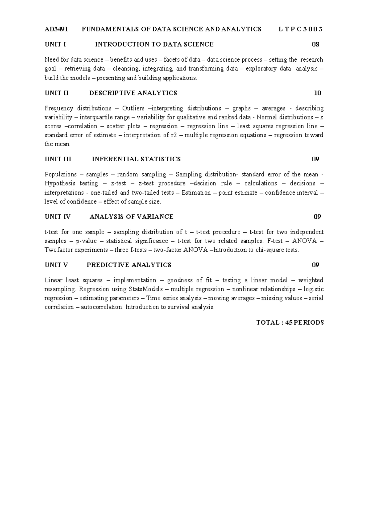 AD3491 Fundamentals of Data Science and Analytics Syllabus - Studocu