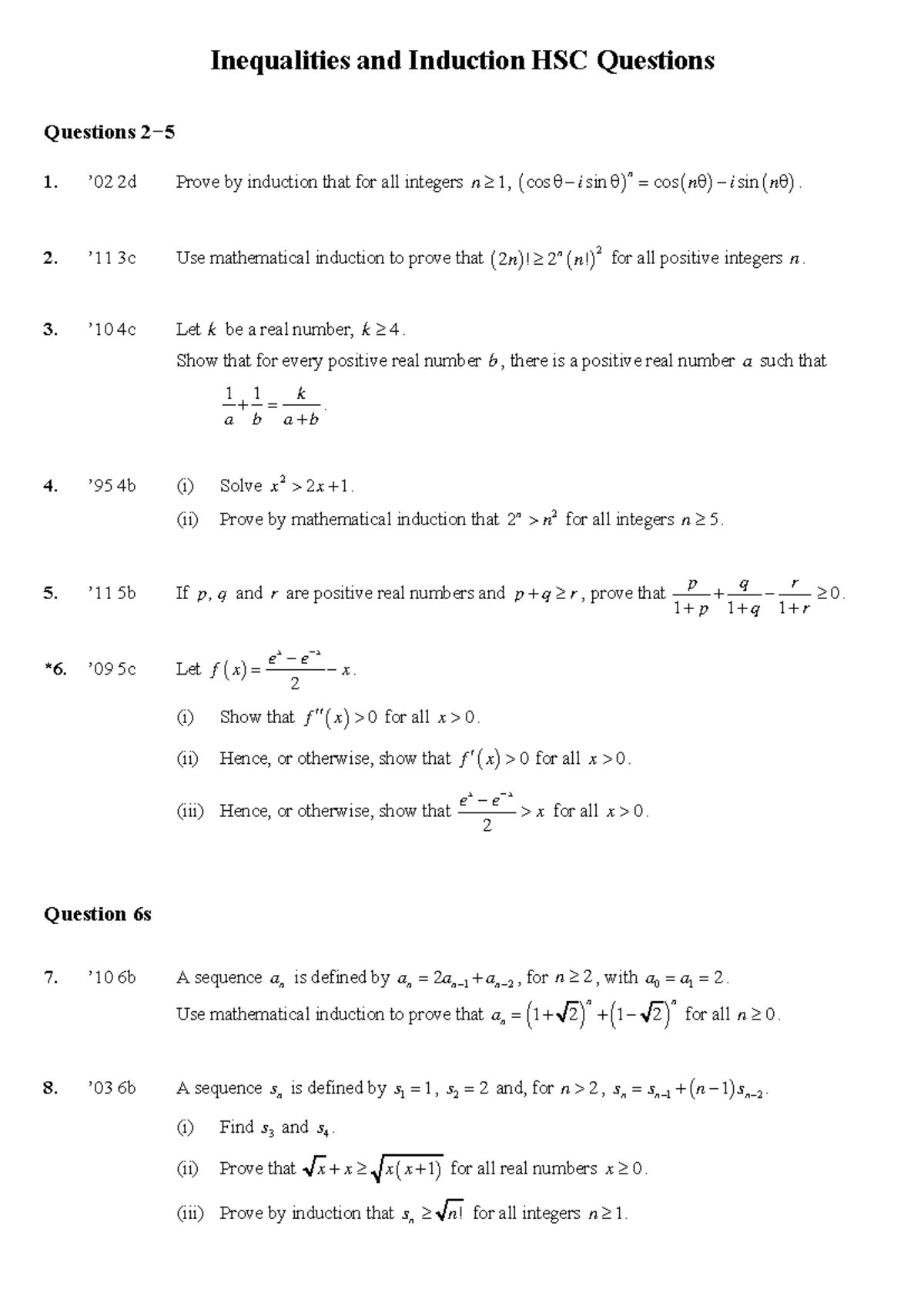 HSC Inequalities and Induction Problem Set - Studocu