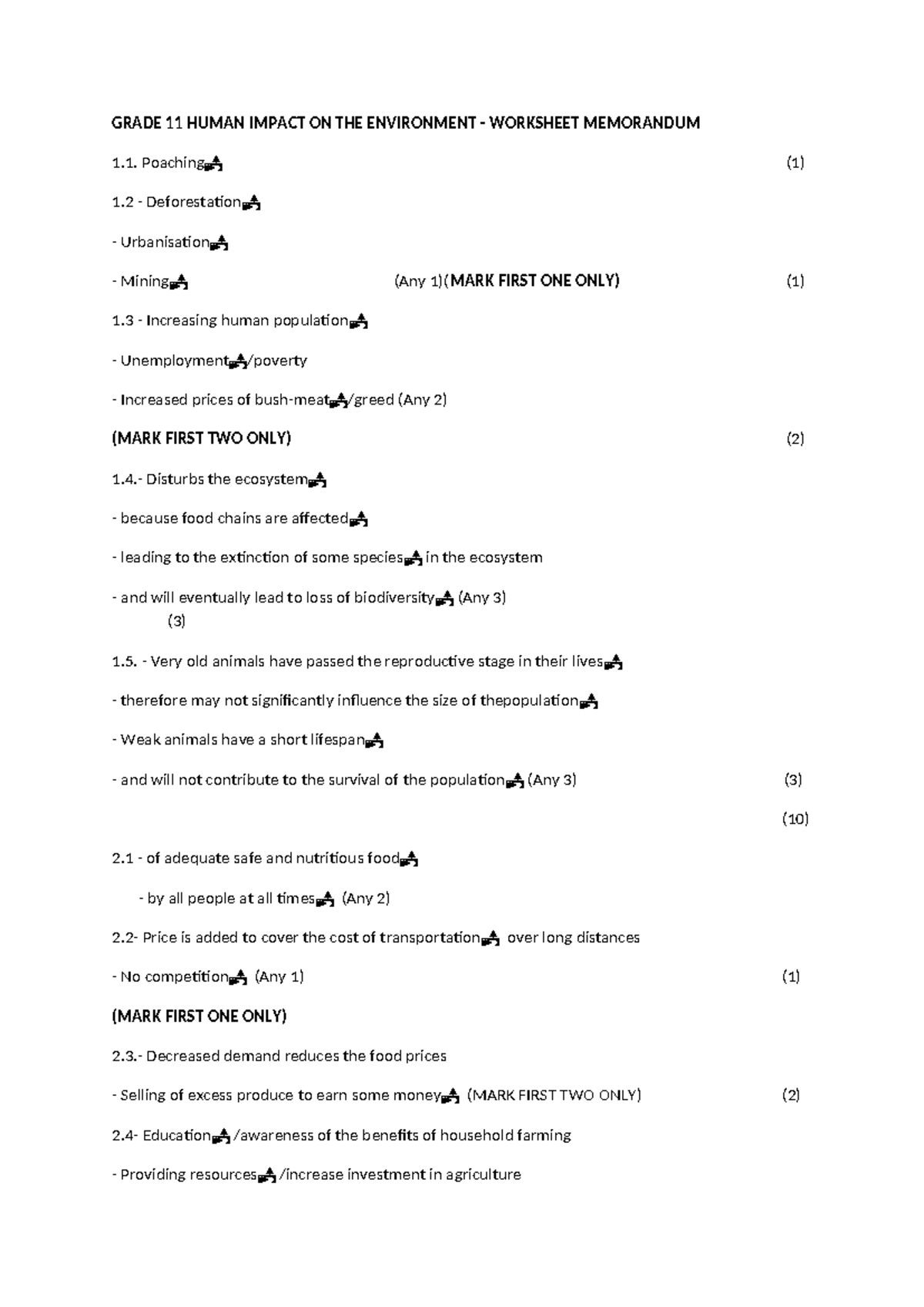 Grade 11 Worksheet Memo: Human Impact on Environment 2018 - Studocu