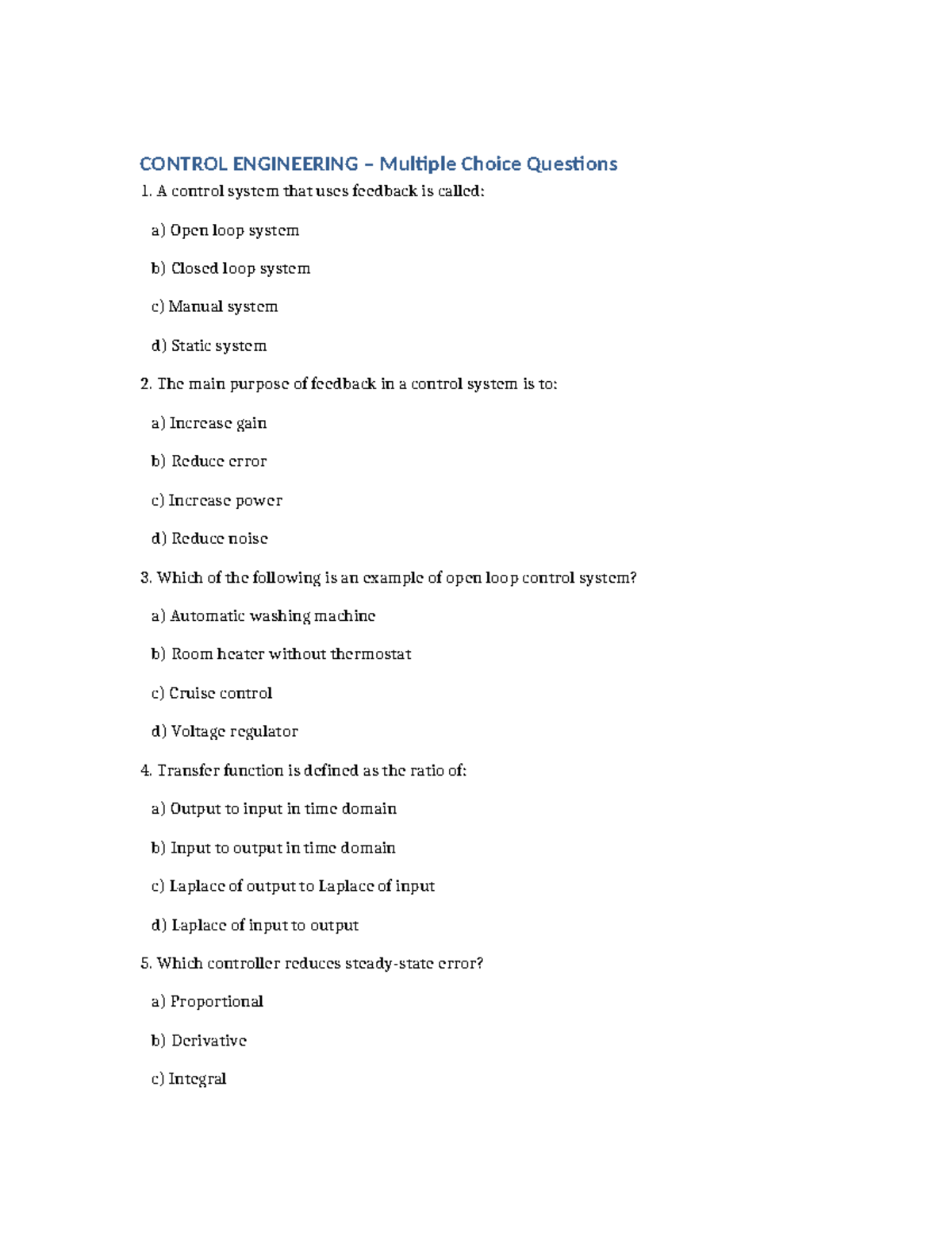CONTROL ENGINEERING CE101: 20 MCQs for Exam Preparation - Studocu