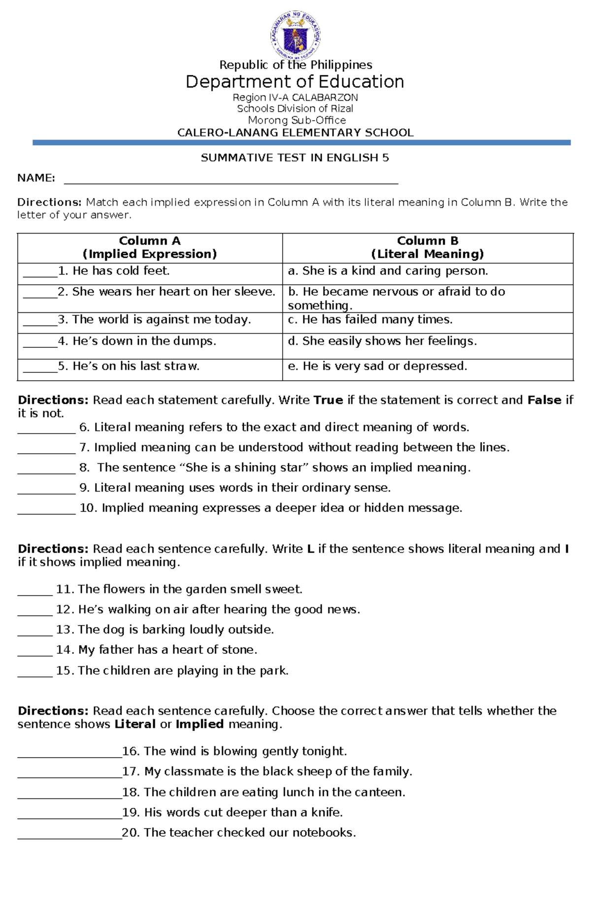 Summative Test in English 5: Implied vs. Literal Meanings - Studocu
