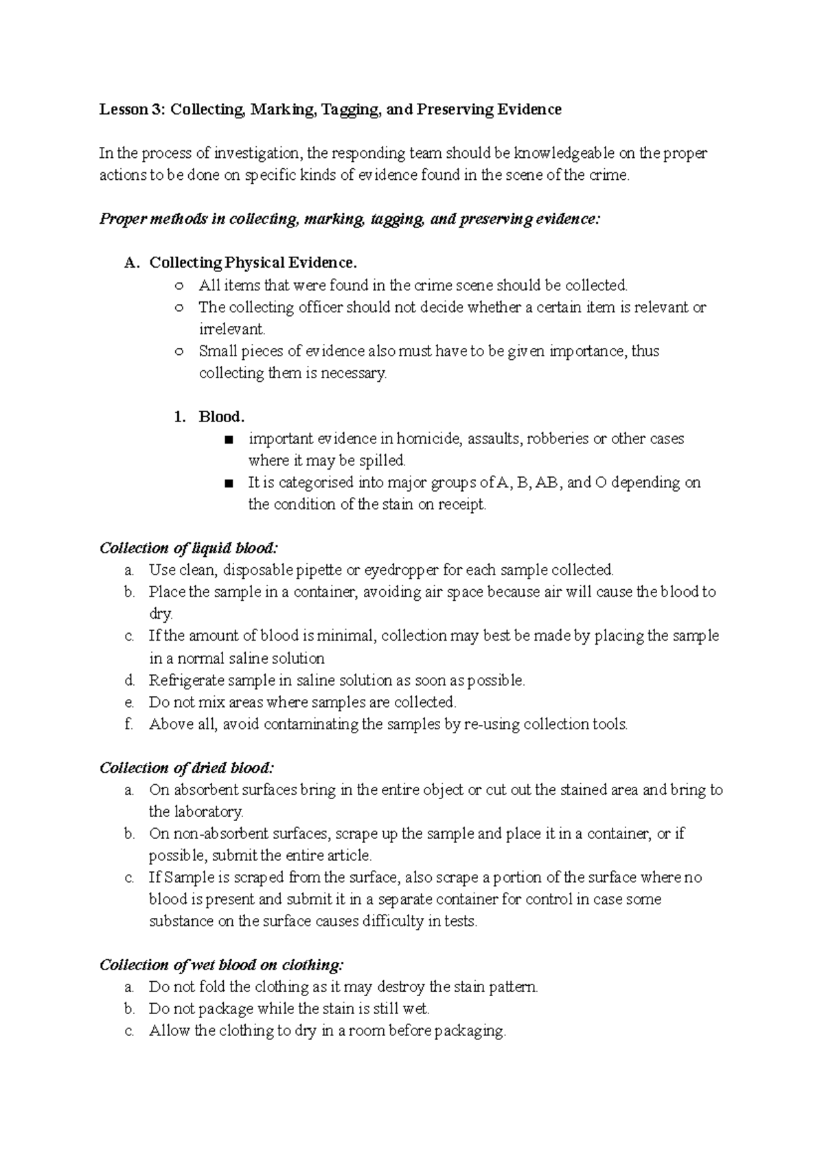 Lesson 3: Evidence Collection, Marking & Preservation Techniques - Studocu