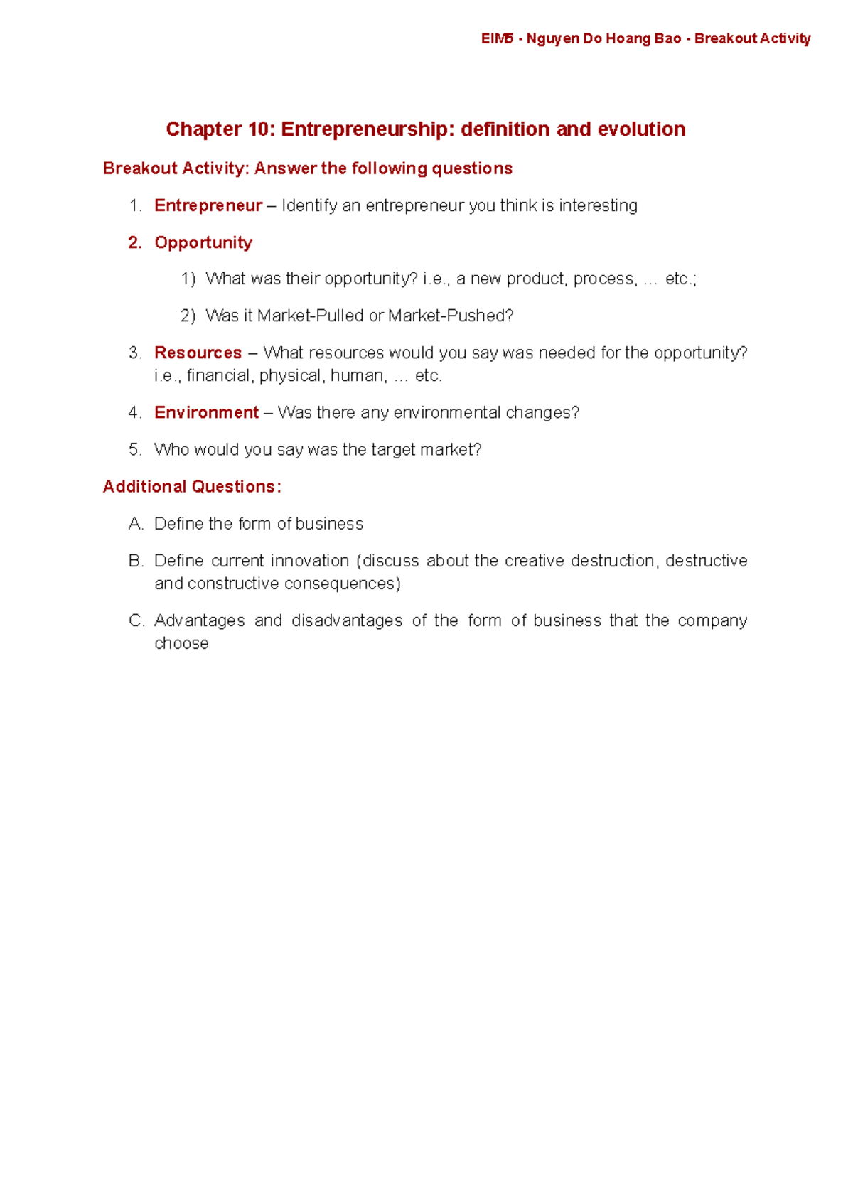 EIM5 - Breakout Activity on Entrepreneurship: Elon Musk & Tesla - Studocu