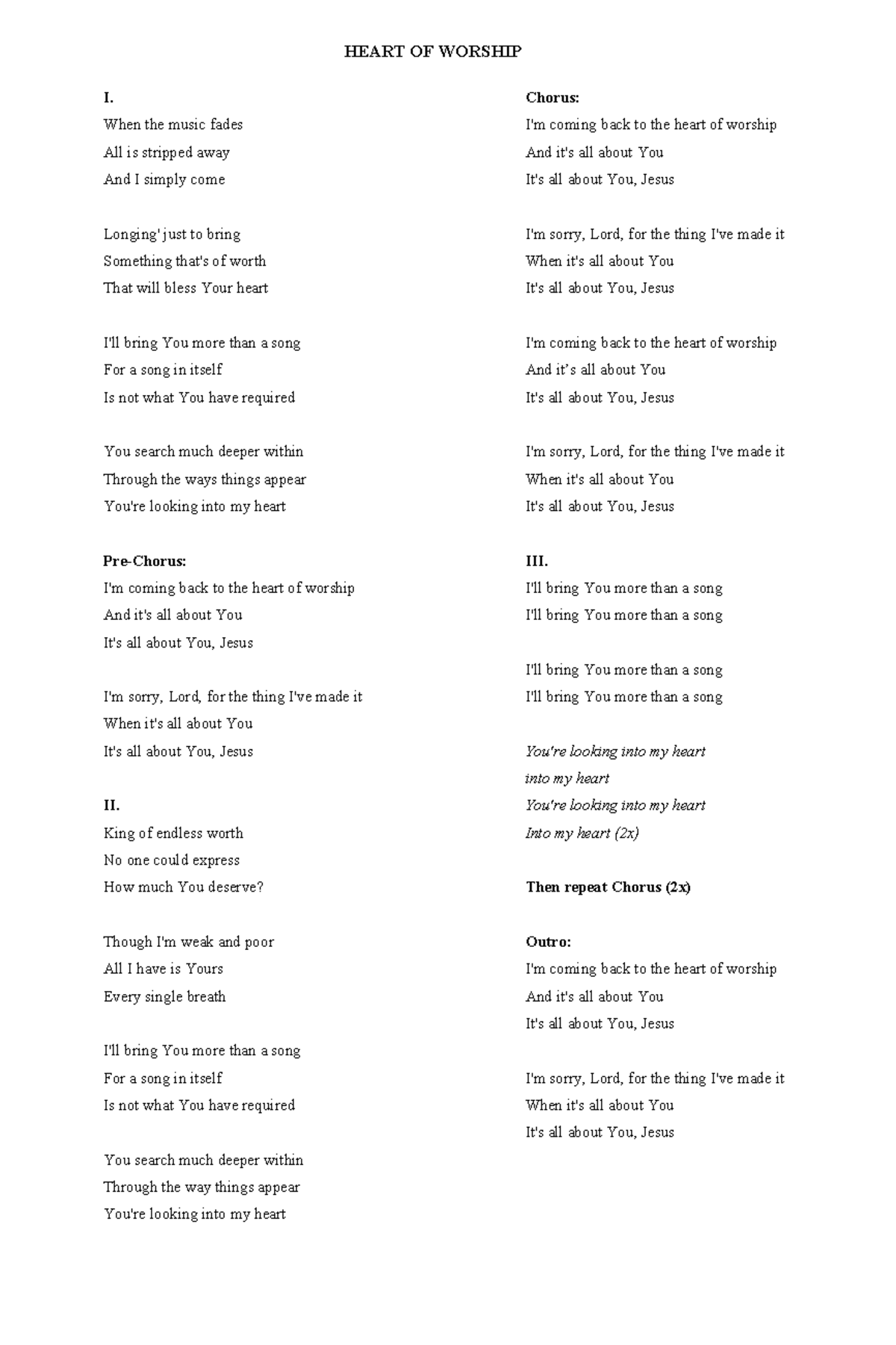 HEART OF WORSHIP: Lyrics and Reflection Notes - Studocu