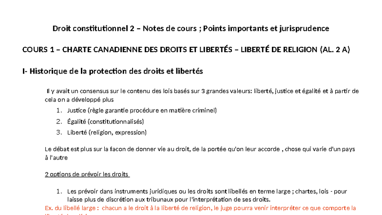 Droit Constitutionnel 2 - Cours sur la Charte Canadienne et Libertés ...
