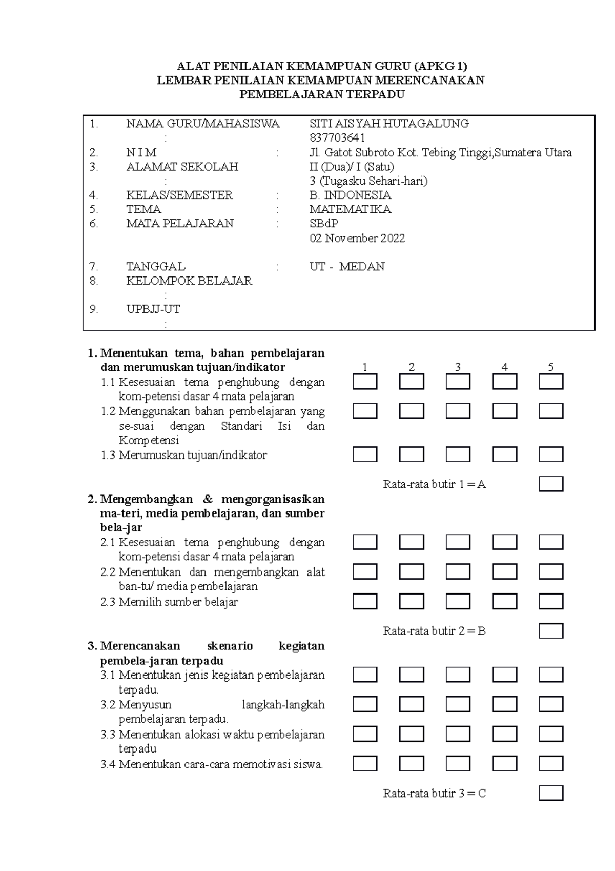 APKG 1 DAN 2: Lembar Penilaian Kemampuan Merencanakan Pembelajaran Terpadu - Studocu