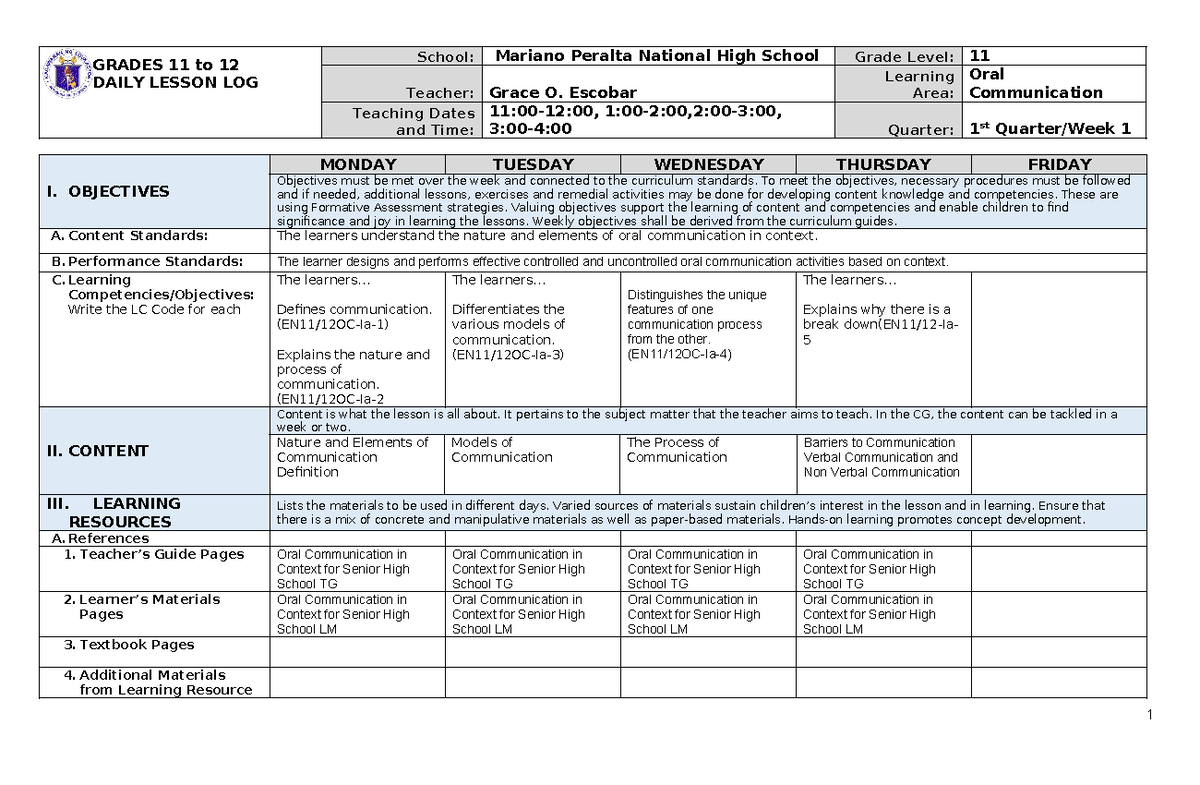 WEEK 1 - Daily Lesson Log for Oral Communication (Grade 11) - Studocu