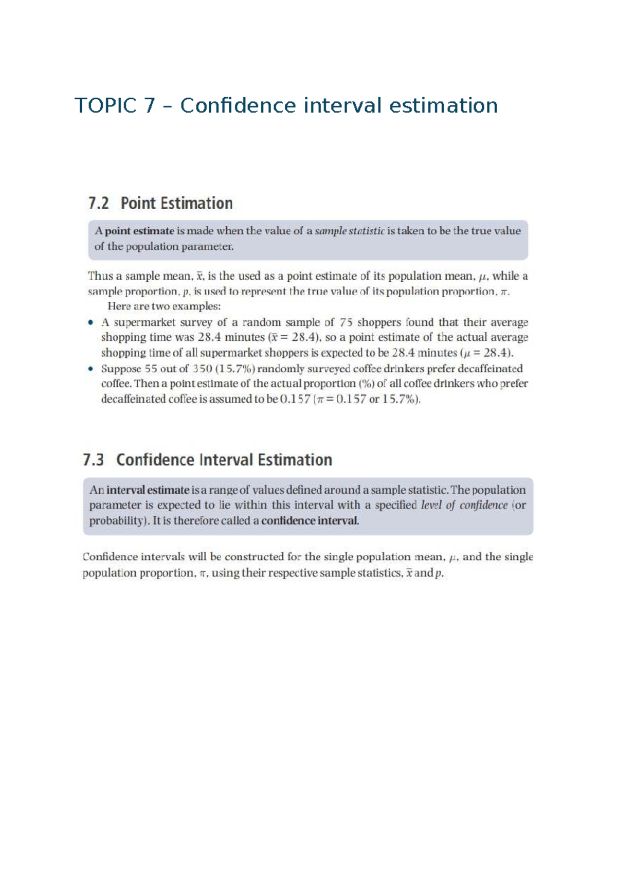 Topic 7 - Confidence Interval Estimation Calculations - Studocu